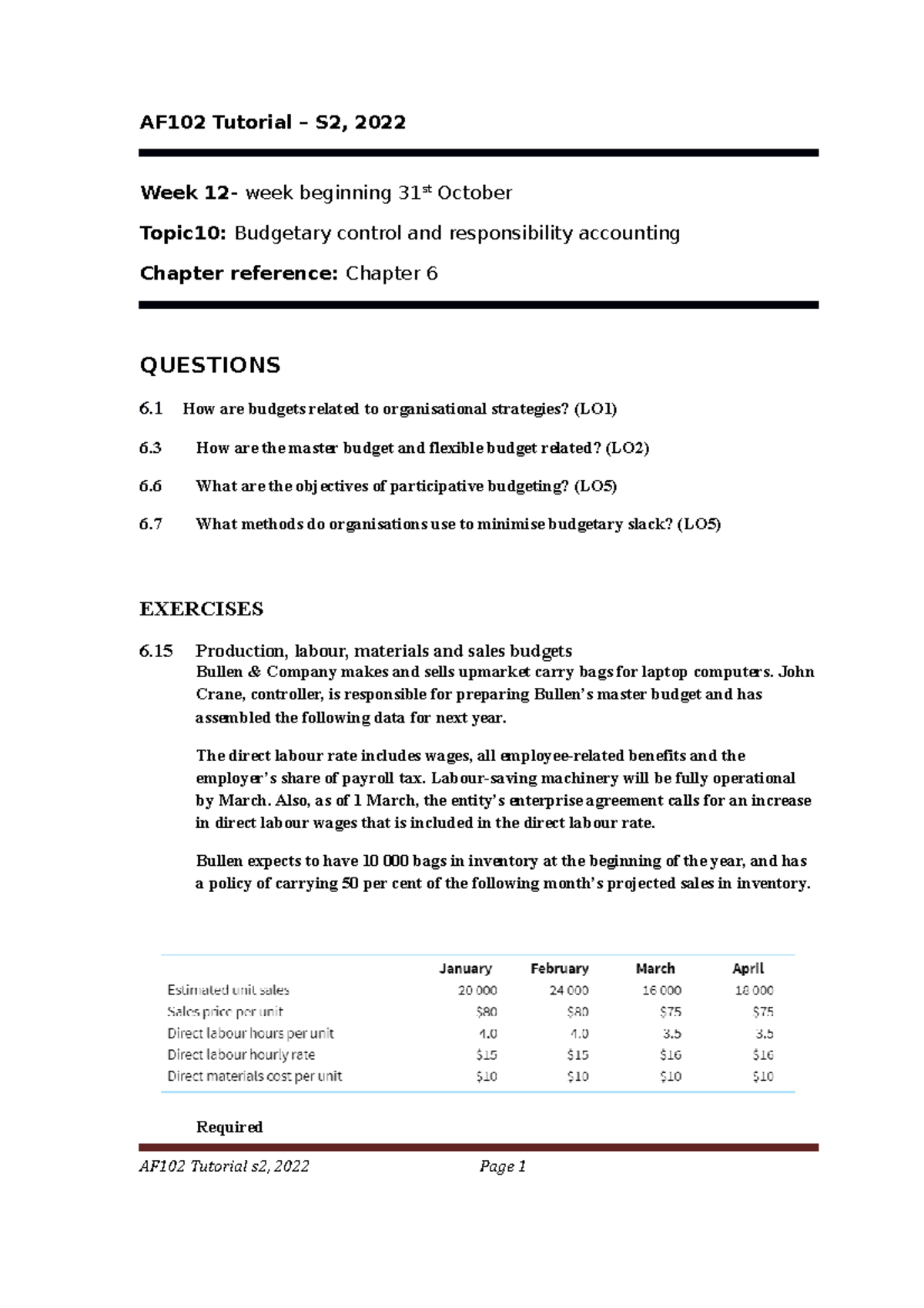 Topic 10 Tutorial questions - Chapter 6 - AF102 Tutorial – S2, 2022 ...