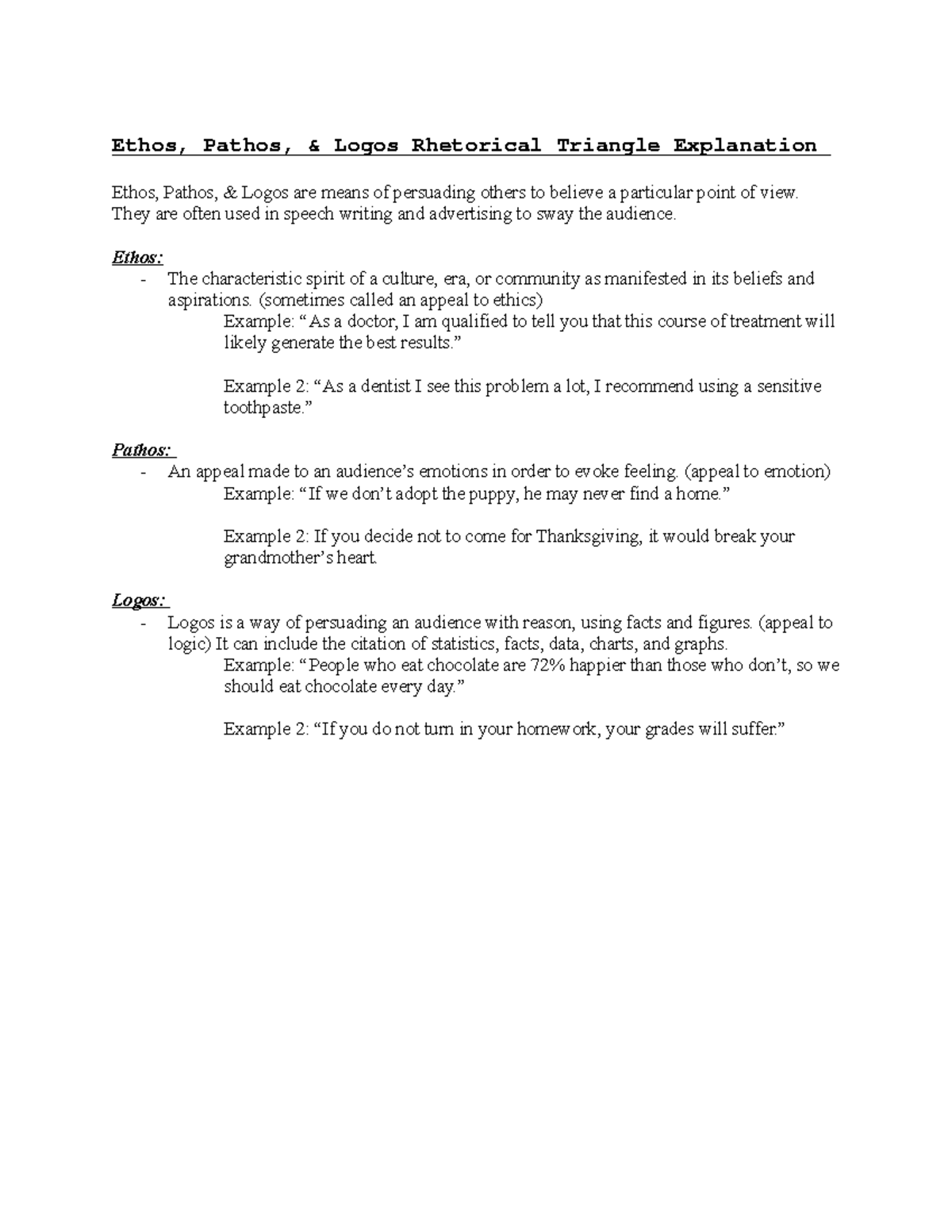 Ethos, Pathos, & Logos Rhetorical Triangle Explanation - Ethos, Pathos ...