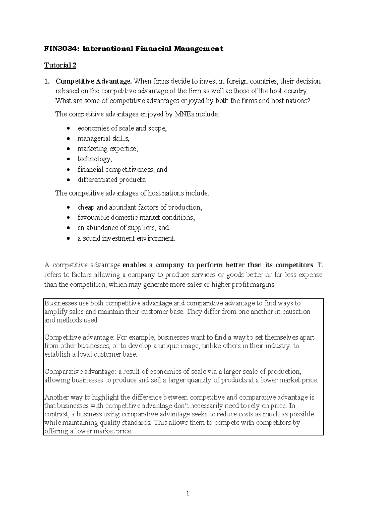 FIN3034: International Financial Management Tutorial 2 - Competitive ...