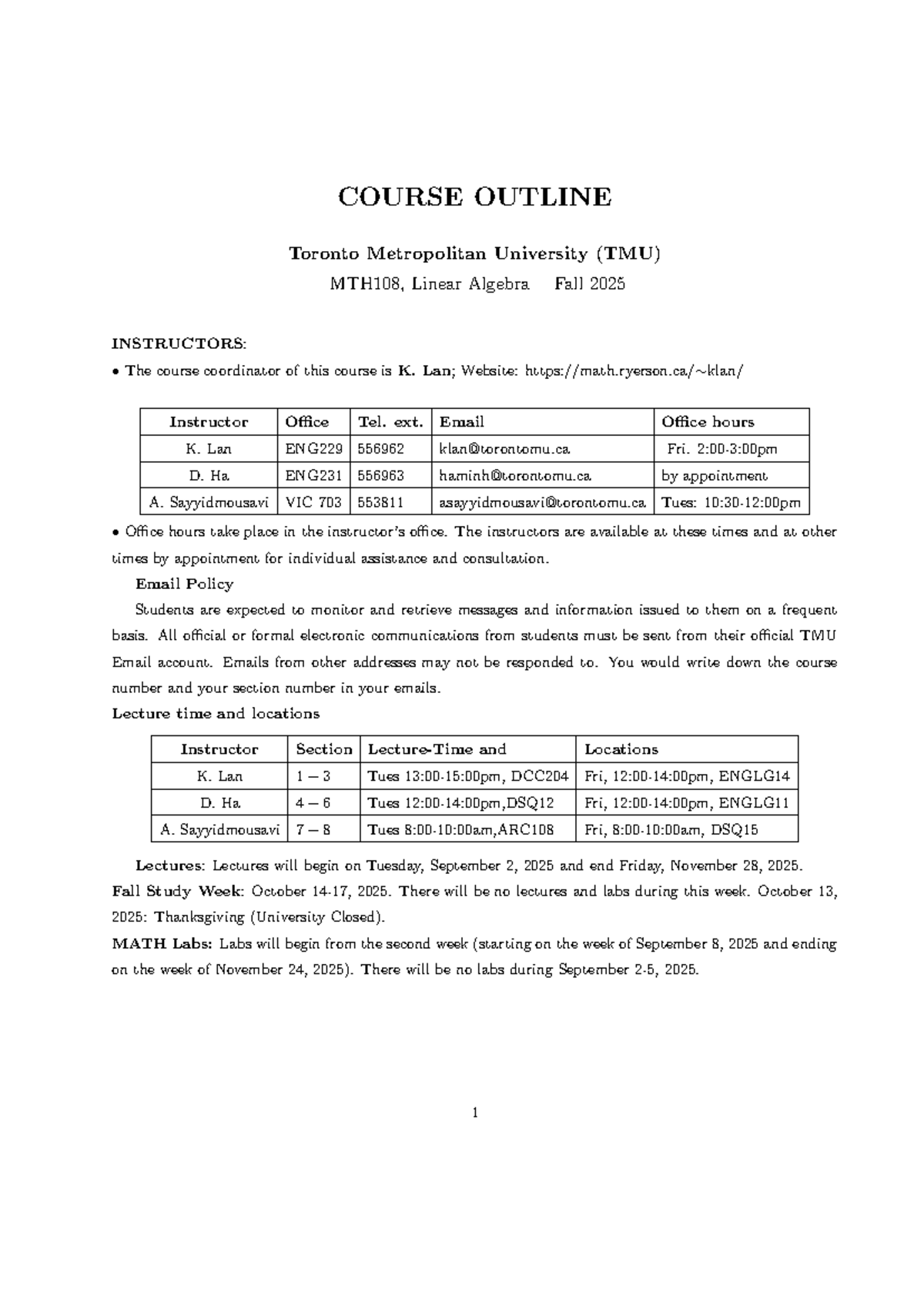 MTH108 Course Outline: Linear Algebra Fall 2025 at TMU - Studocu