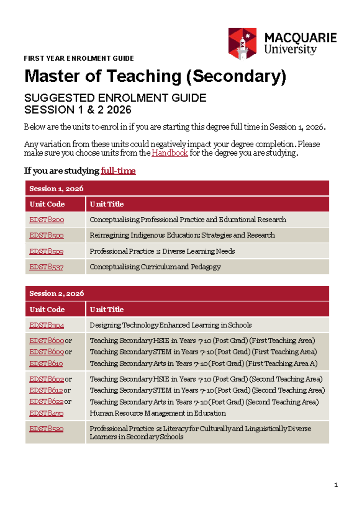 M.Teach Enrolment Guide 2026: First Year Units for Session 1 & 2 - Studocu