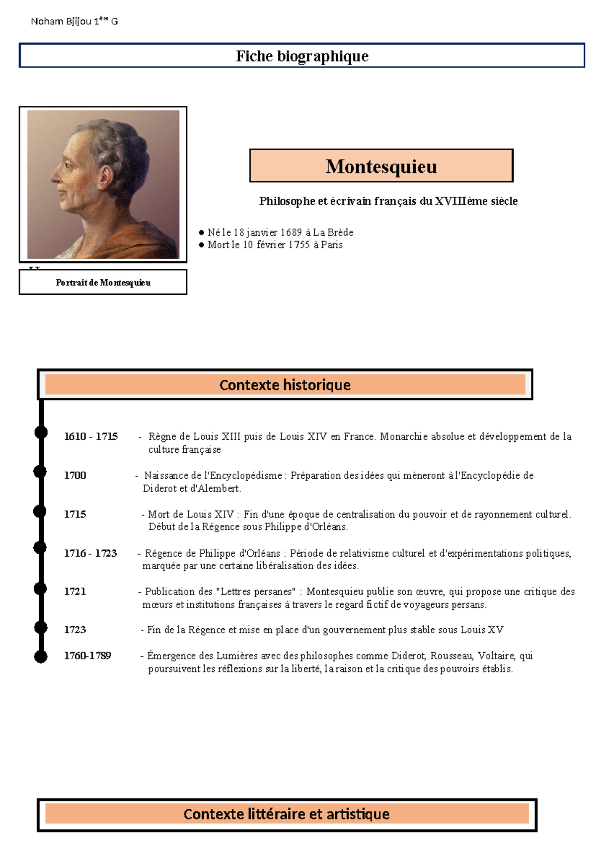 1ère FB Fiche Biographique sur Montesquieu: Philosophe des Lumières ...