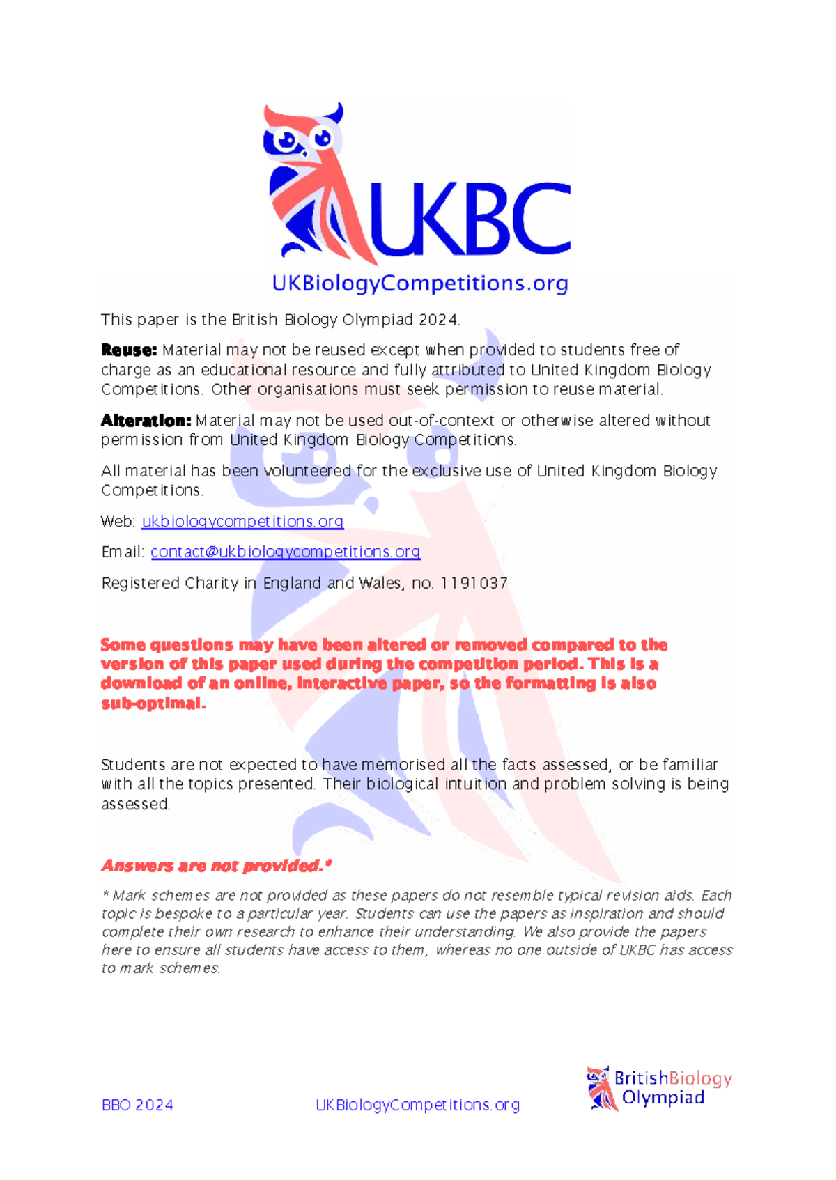 BBO 2024 British Biology Olympiad Papers 1 & 2 - Studocu