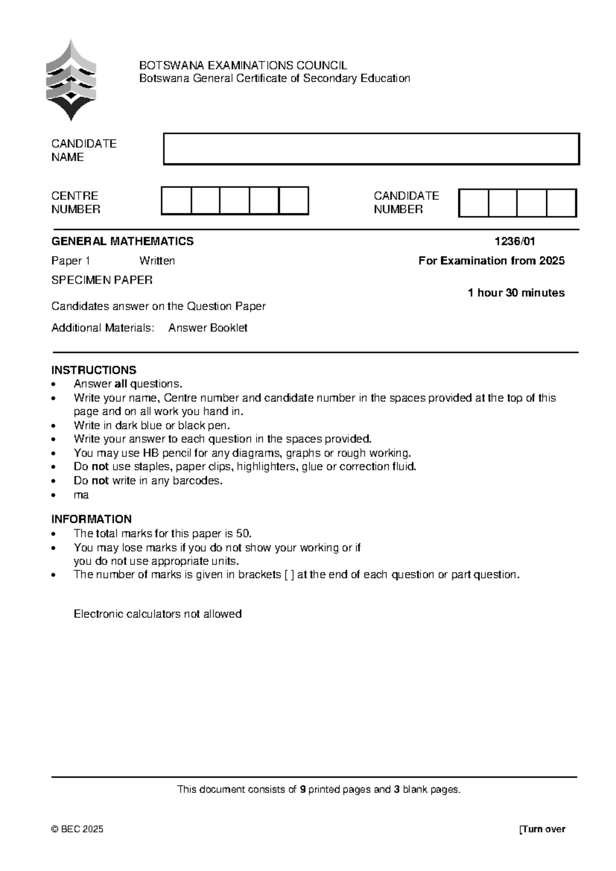 BEC 2025 General Mathematics Specimen Paper 1 Exam Guide - Studocu