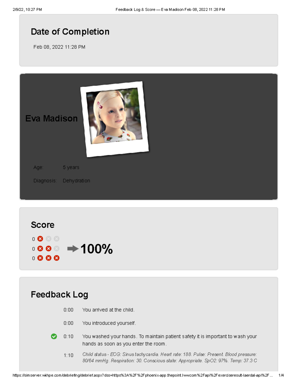 VSIM Feedback Log & Score for Pediatric Dehydration Case Study - Studocu