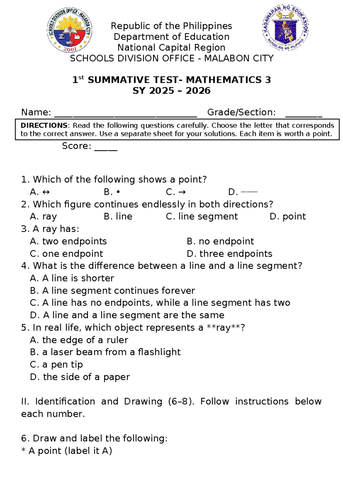 ST Mathematics 3 Q1 - 1st Summative Test for Grade 6 - Studocu