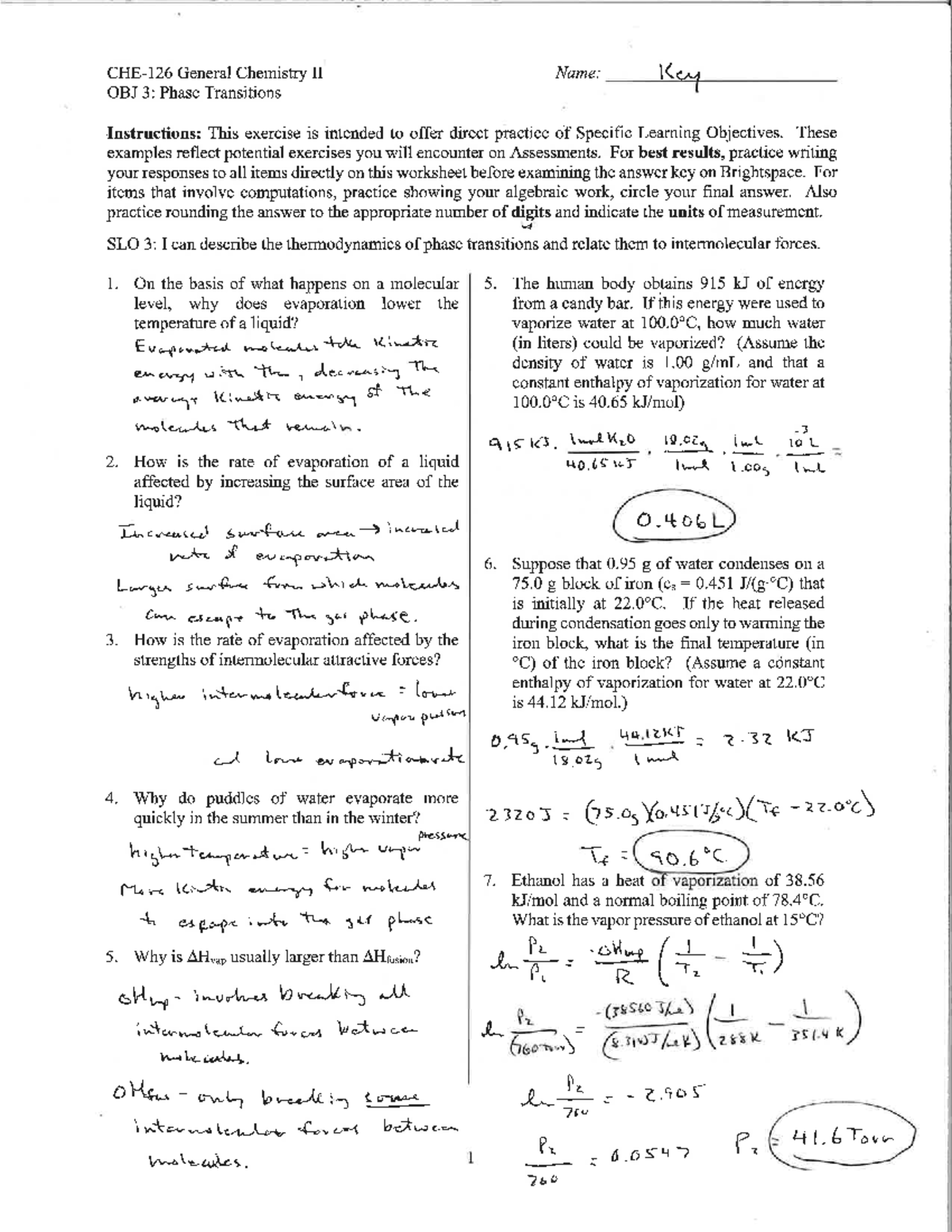 General Chemistry II (CHEM 102) - Key OBJ 3: Phase Transitions Practice ...