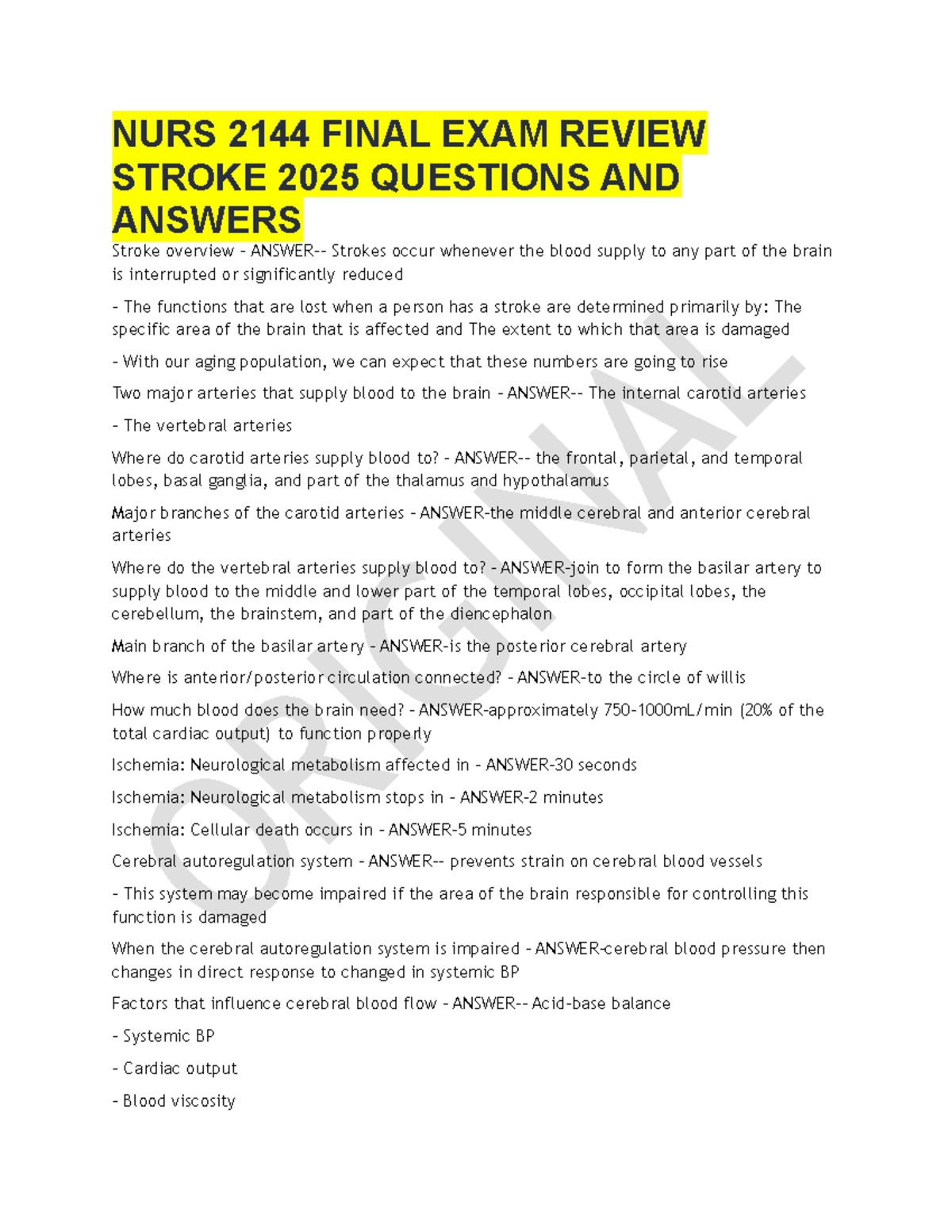 NURS 2144 Final Exam Review: Stroke Overview & Key Concepts 2025 - Studocu