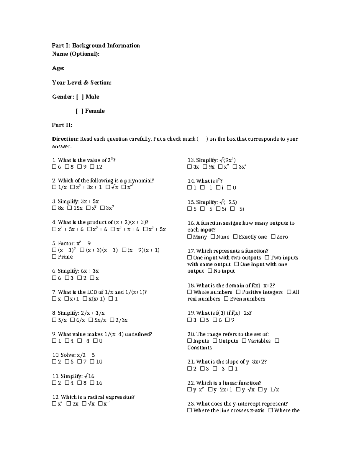 Math Questionnaire: Part I & II - Background Info & Questions - Studocu