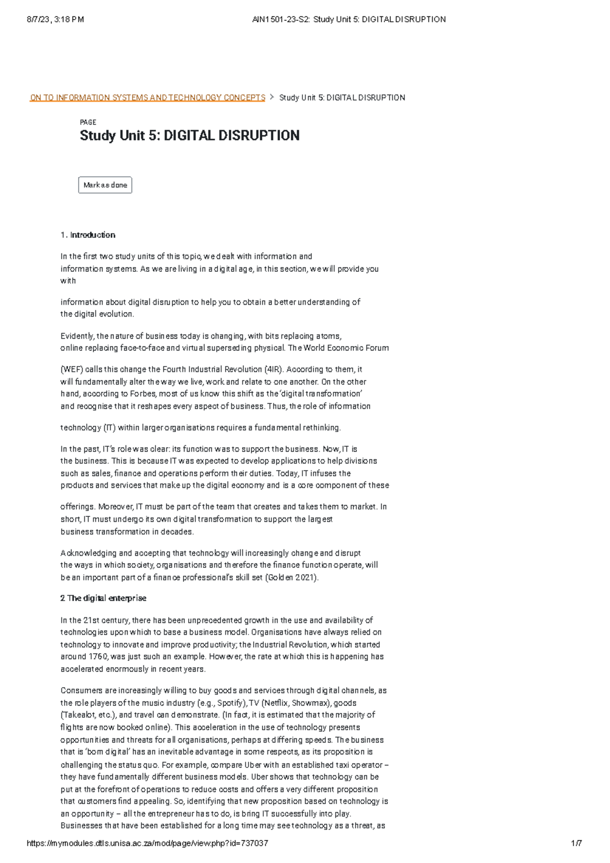 AIN1501-23-S2 Study Unit 5 Digital Disruption - Copy - ON TO INFORMATION SYSTEMS AND TECHNOLOGY ...