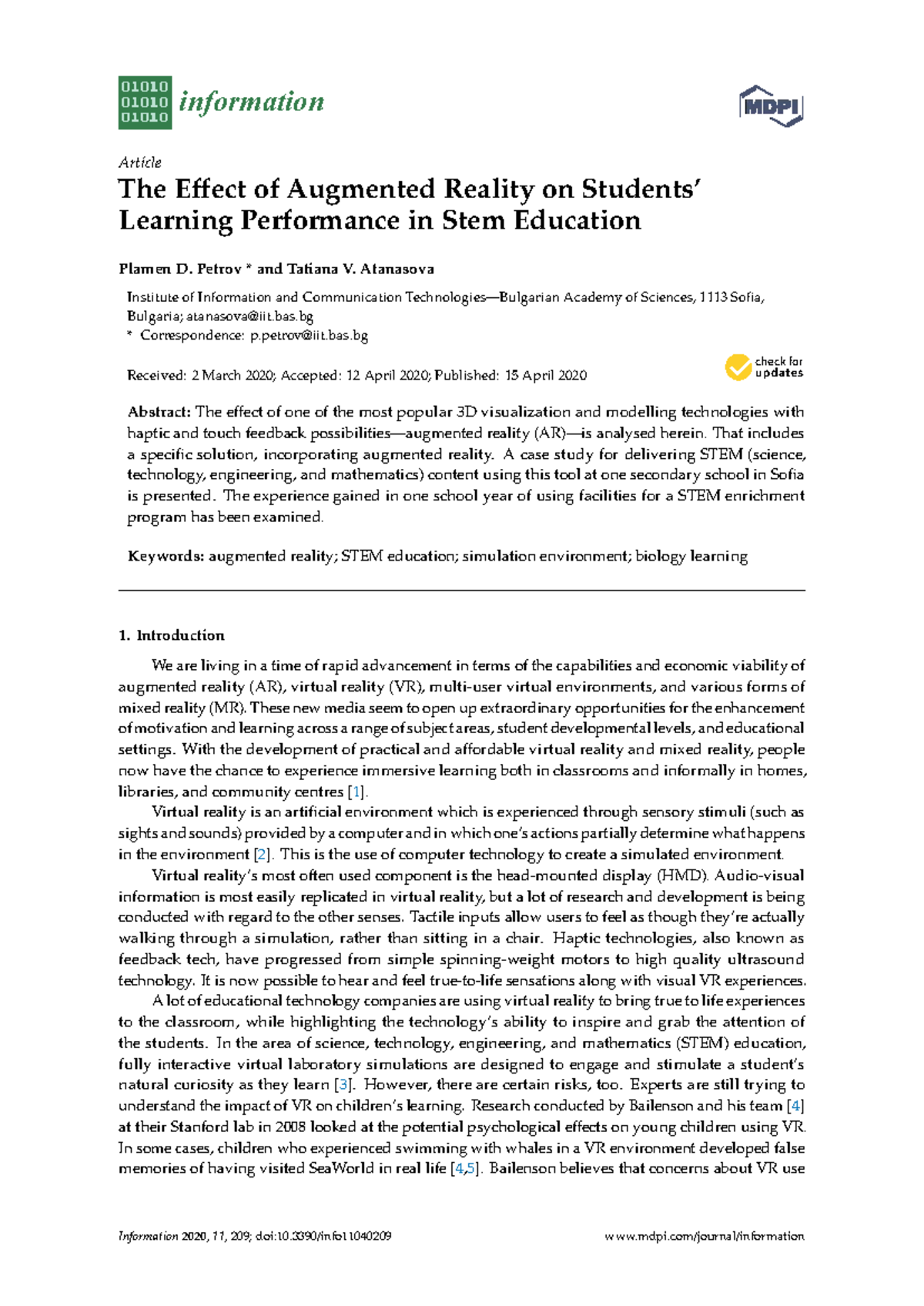 The Effect of Augmented Reality on STEM Learning Performance: A Case ...
