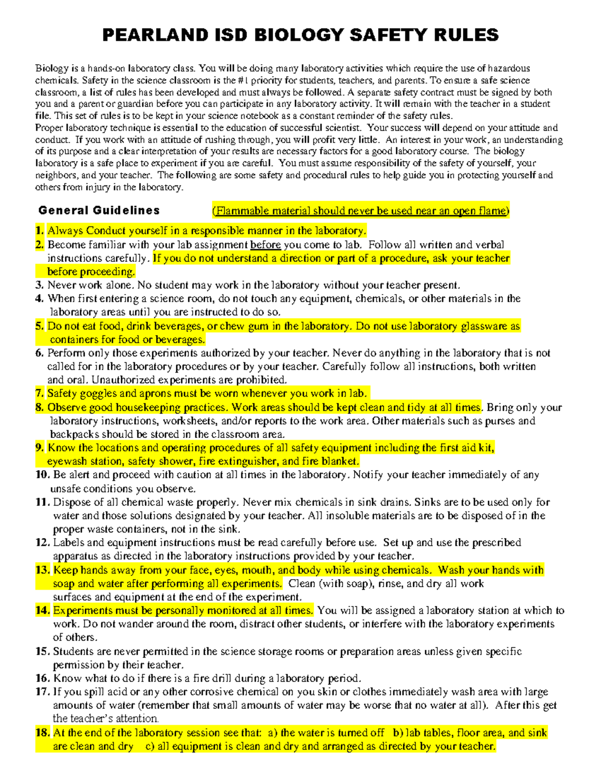 PEARLAND ISD Biology Lab Safety Rules & Procedures Manual - Studocu