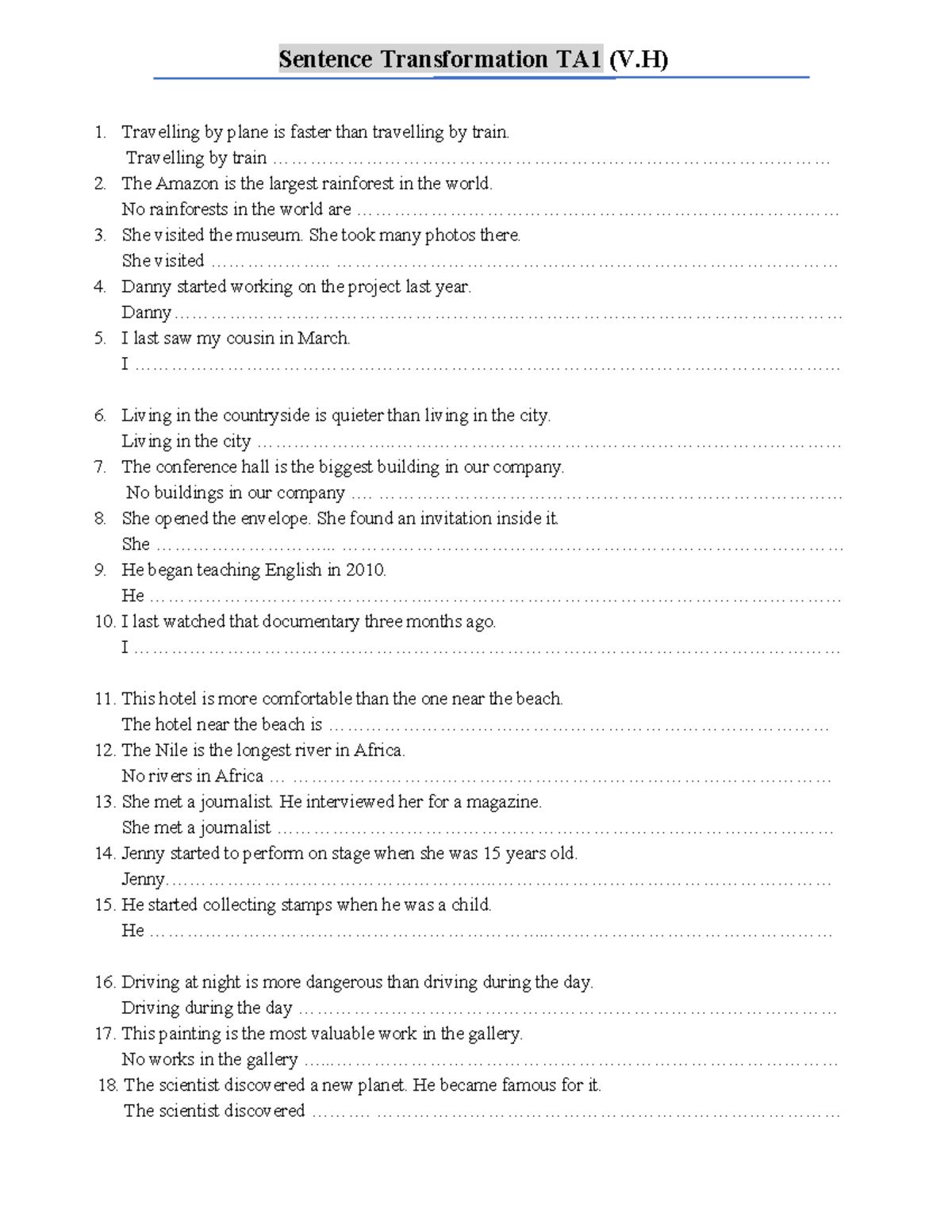 Sentence Transformation TA1: Comparative Structures and Examples - Studocu