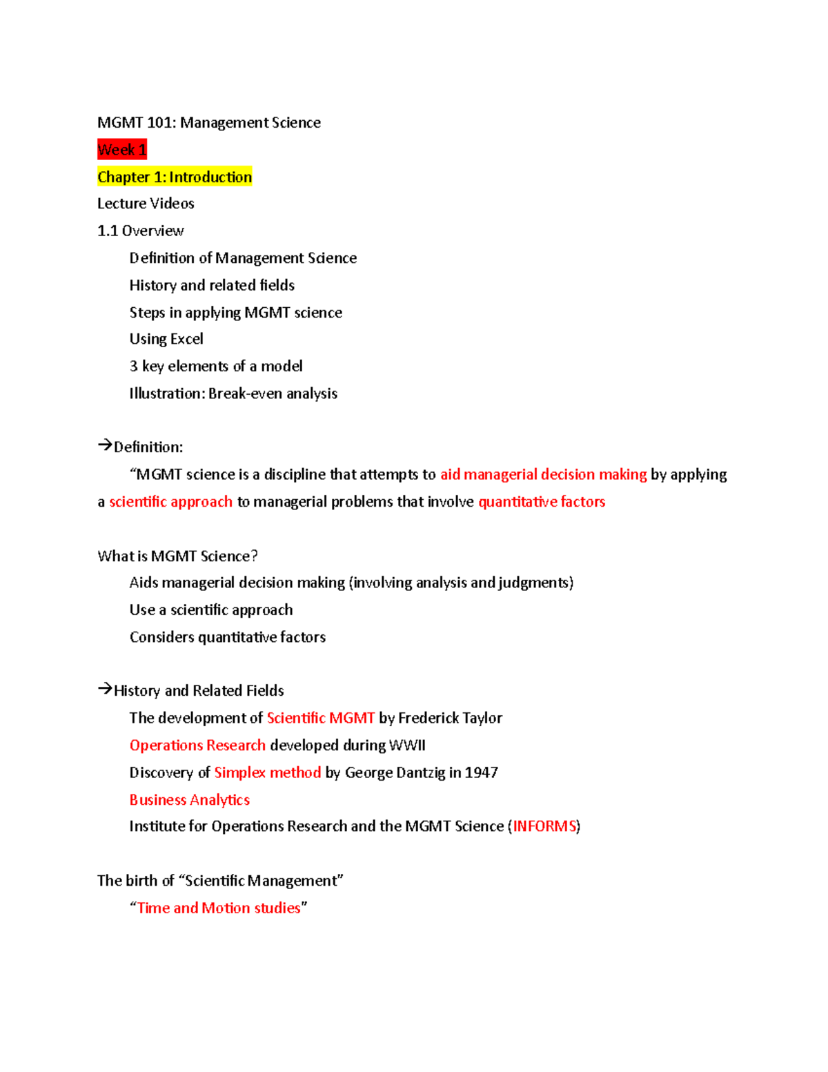 MGMT 101 - Intro to Management Science: Week 1 Lecture Notes - Studocu