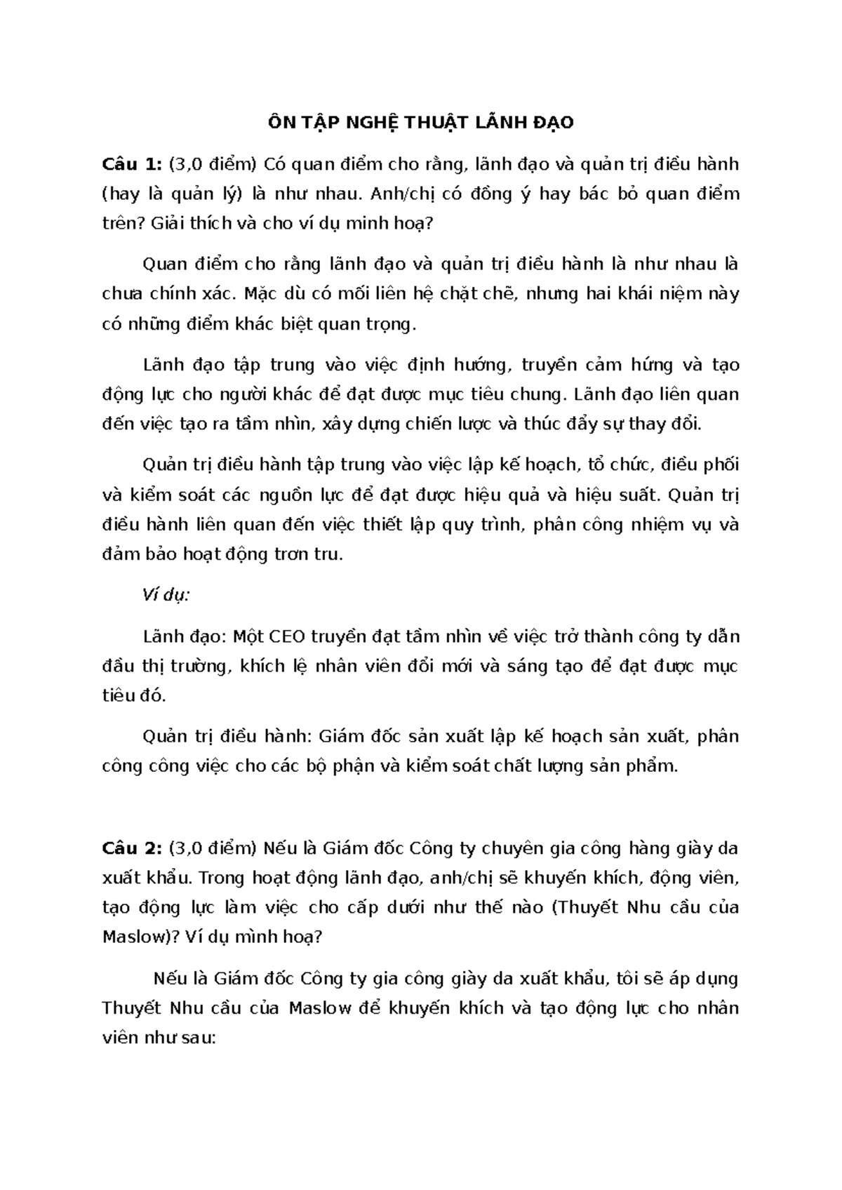 Cuối Kỳ Ôn Tập Nghệ Thuật Lãnh Đạo - Câu Hỏi và Giải Thích - Studocu