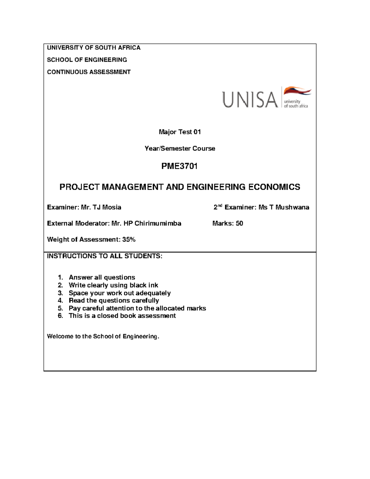 PME3701 Major Test 01: Project Management & Engineering Economics - Studocu