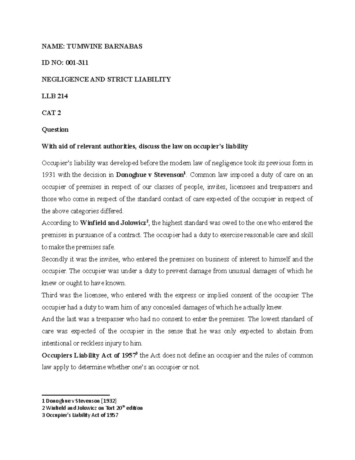 Negligence and Occupier's Liability - LLB 214 CAT 2 Essay Notes - Studocu