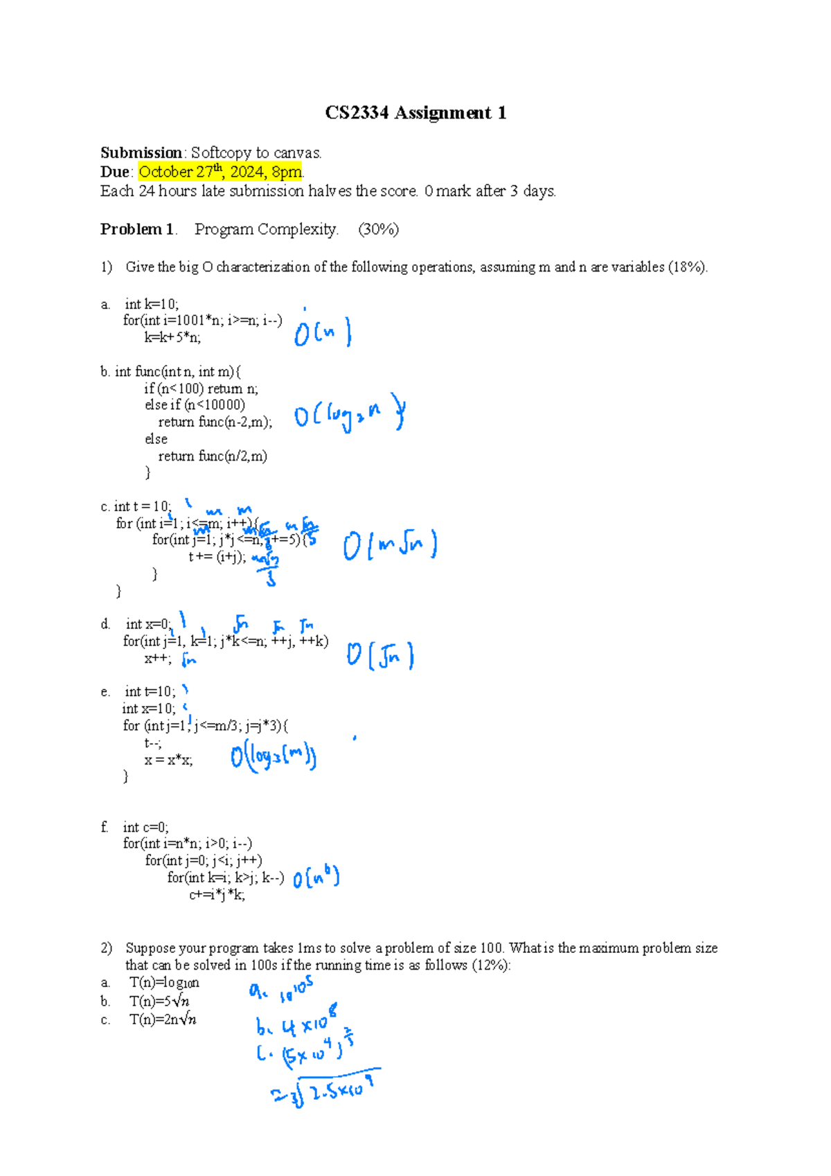 CS2334 Assignment 1 updated - CS 2334 Assignment 1 Submission: Softcopy to canvas. Due: October ...