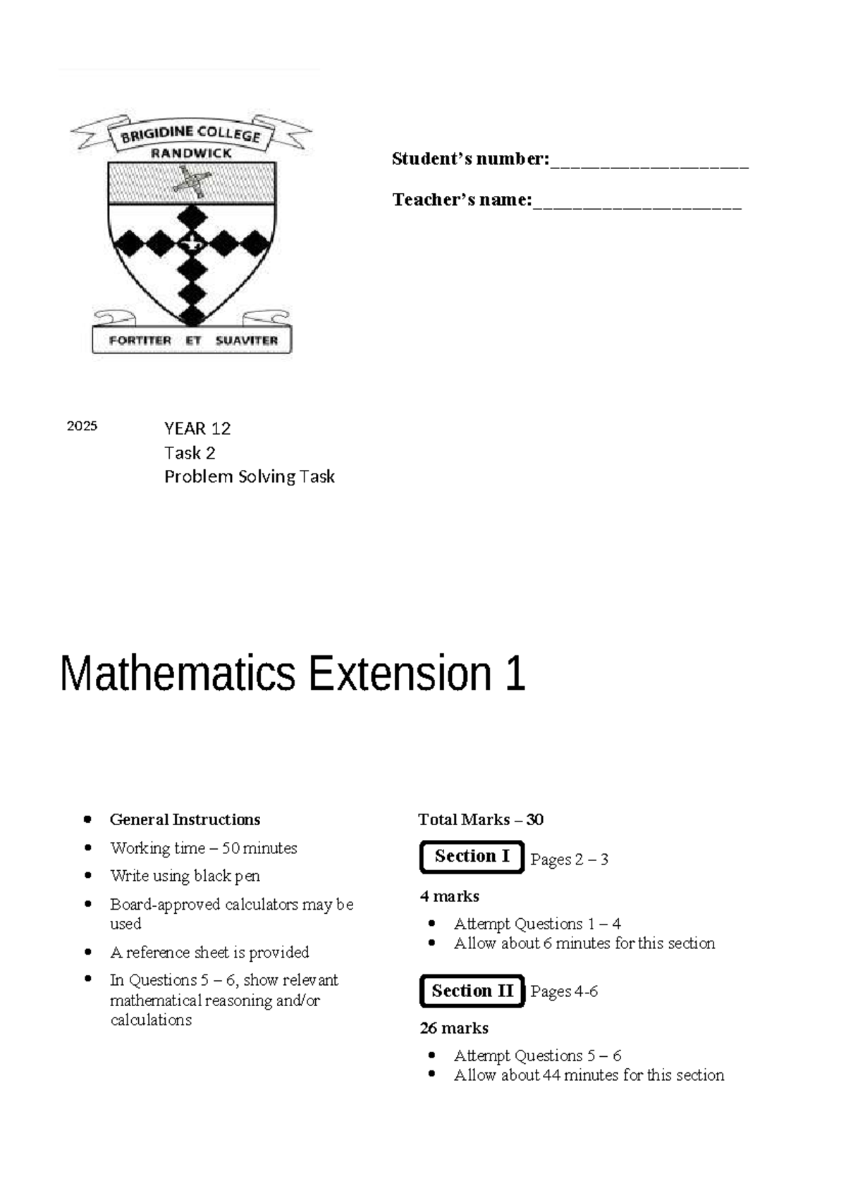 2025 Year 12 Mathematics Extension 1 Task 2 Problem Solving Guide - Studocu