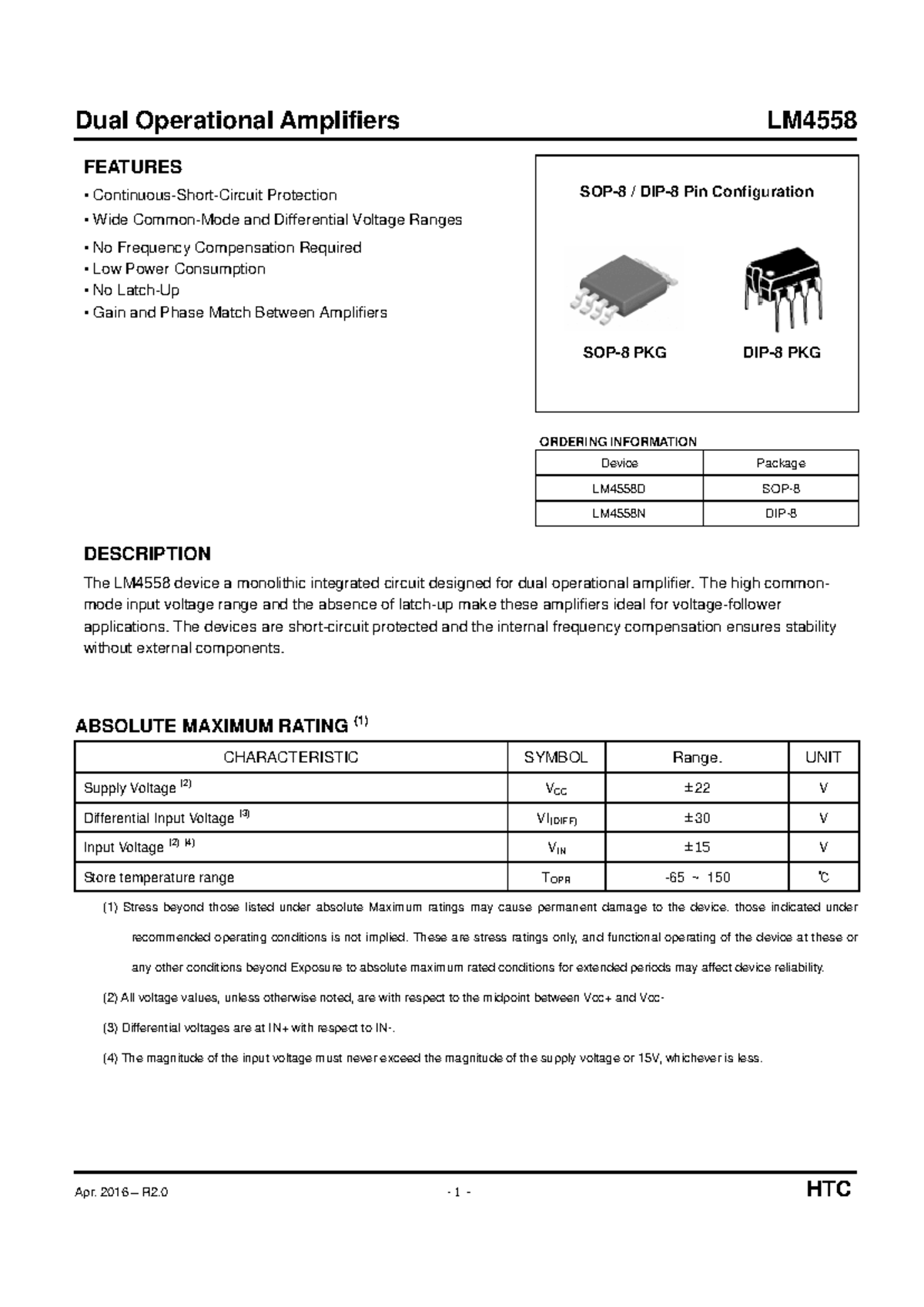 Dual Operational Amplifiers LM4558 Datasheet Overview - Studocu
