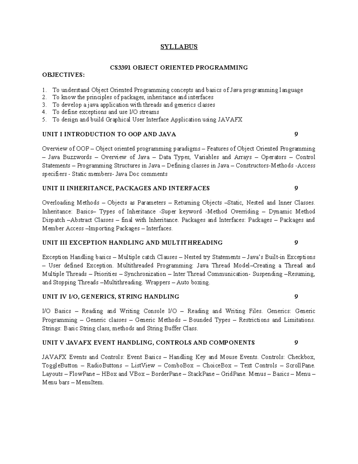 CS3391 Syllabus: Object Oriented Programming Concepts & Java Basics ...