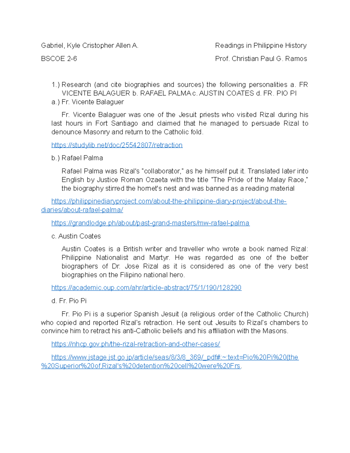 RPH 3 - Analysis of Rizal's Retraction: Fr. Pio and Fr. Balaguer ...