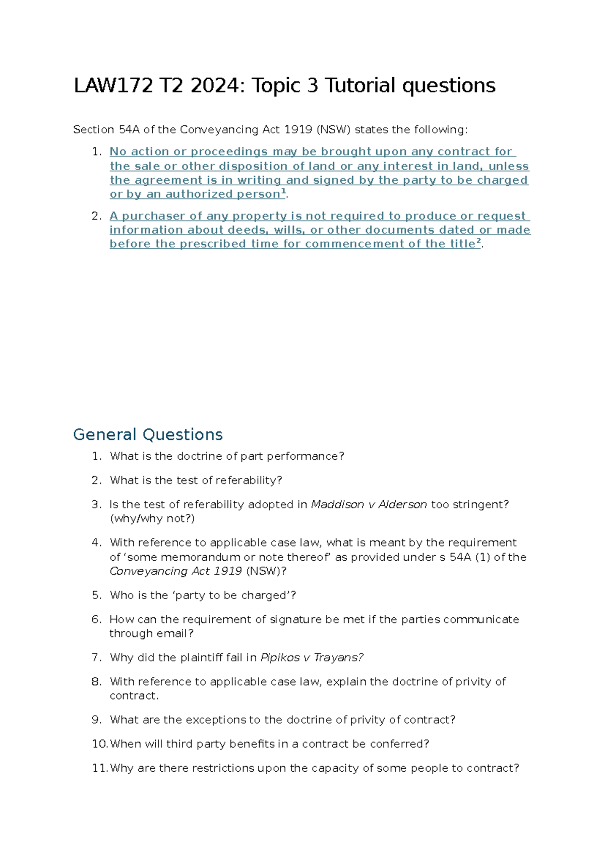 LAW172 T2 2024: Topic 3 Tutorial Questions on Conveyancing Act 1919 ...