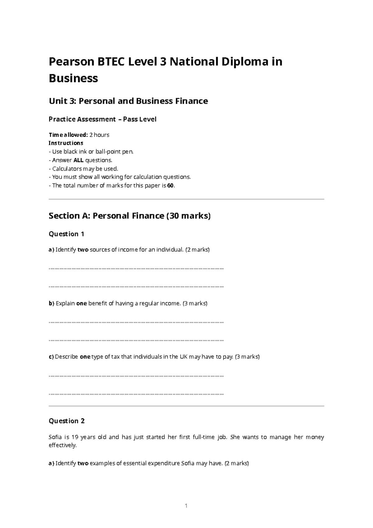 BTEC Level 3 Business Unit 3: Personal & Business Finance Practice ...