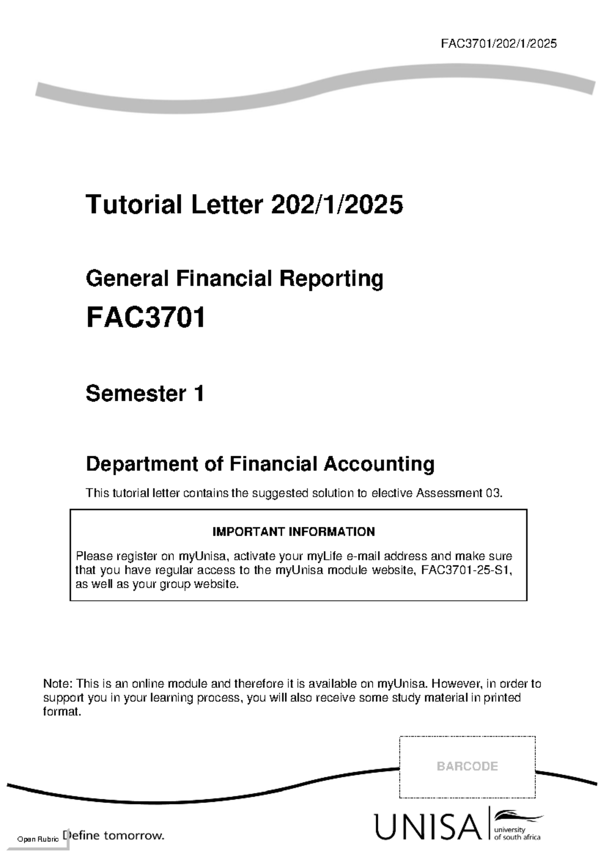 FAC3701 Semester 1 2025 Assessment 3 Suggested Solutions Memo - Studocu