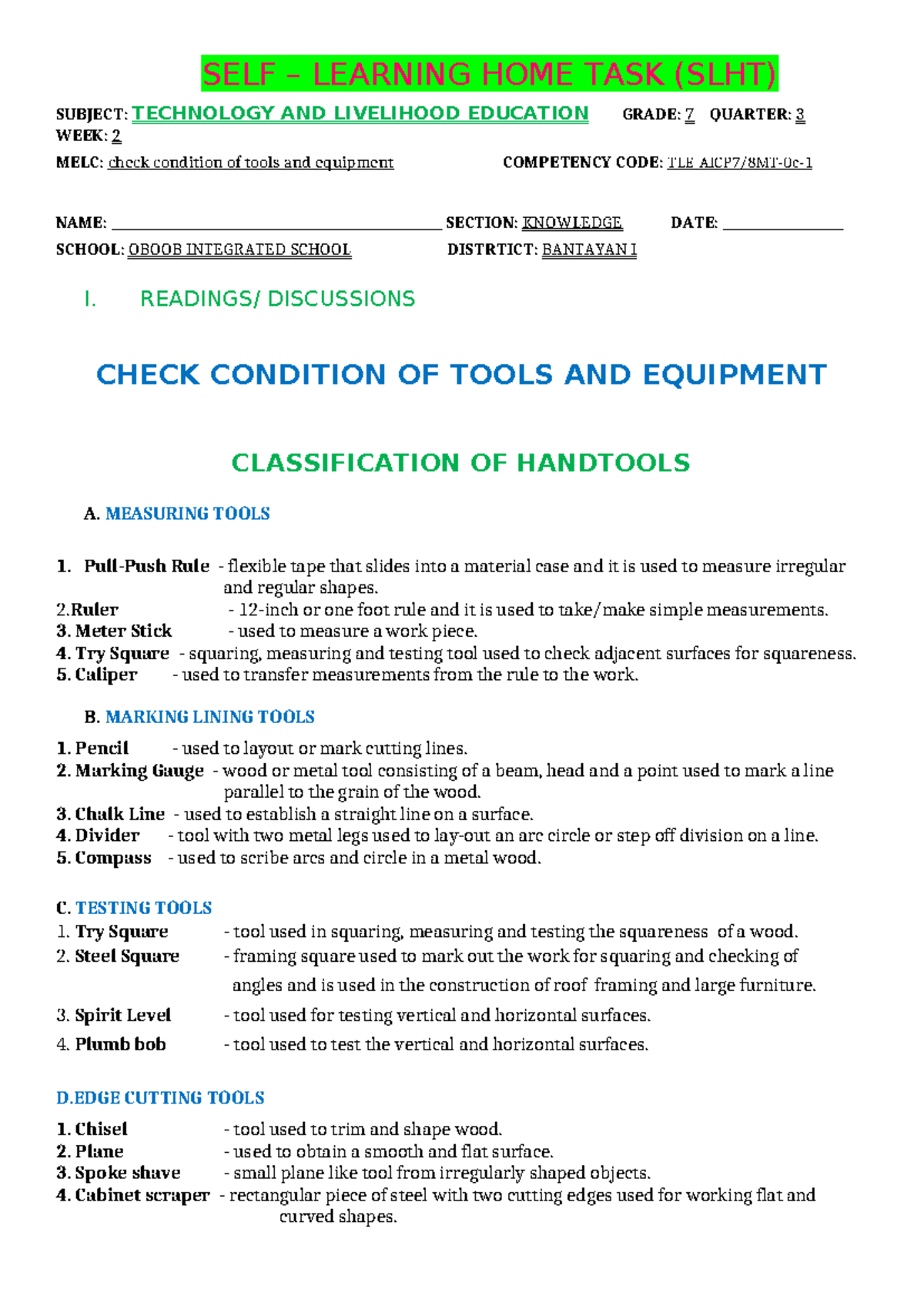 TLE 7 - Carpentry Week 2: Tool Condition Check and Classification - Studocu