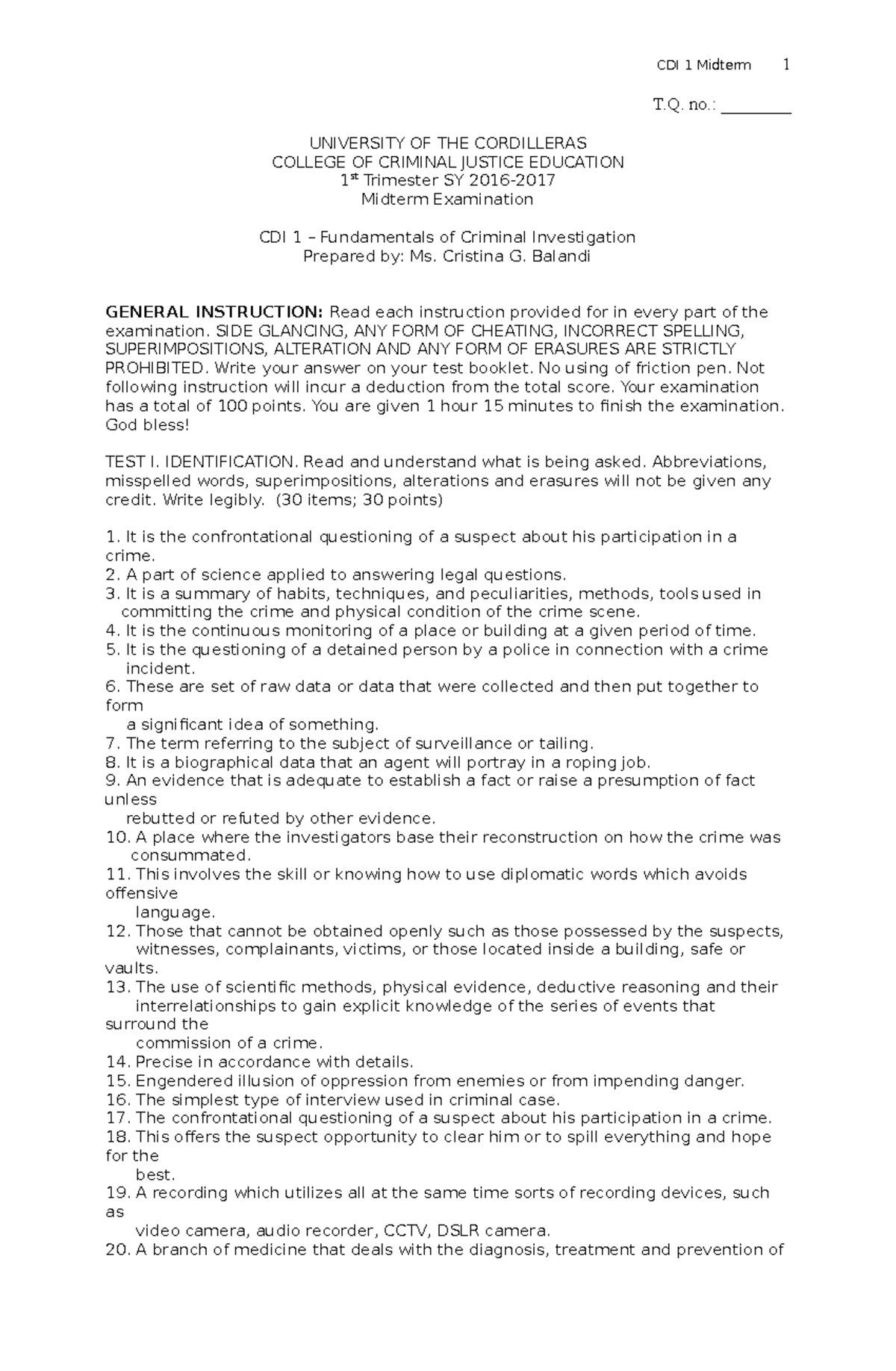 CDI 1 - Midterm Exam Practice Material for Criminal Investigation - Studocu