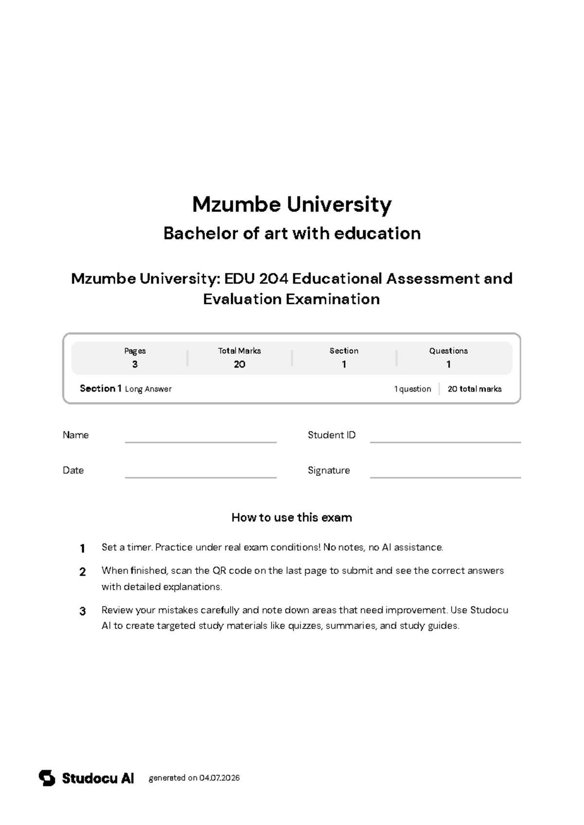 Mzumbe University: EDU 204 Final Exam on Assessment - Studocu