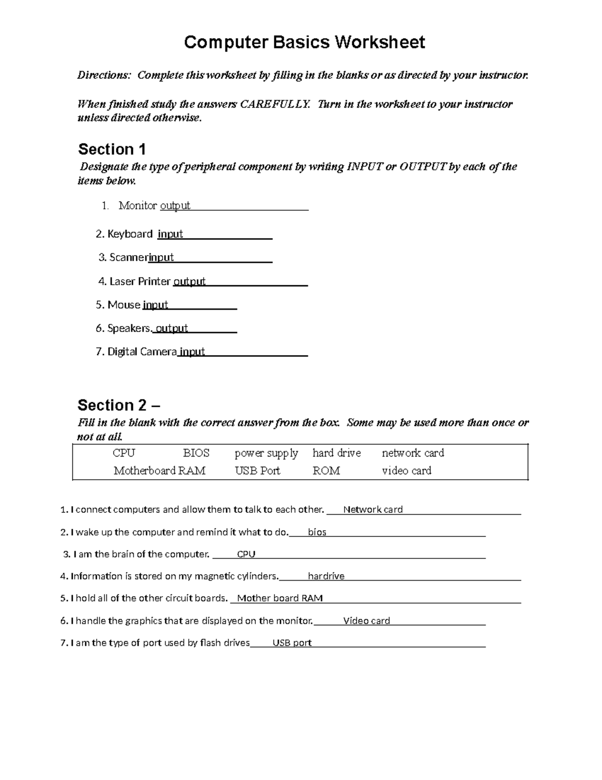 Computer basics worksheetupdated - Computer Basics Worksheet Directions: Complete this worksheet ...