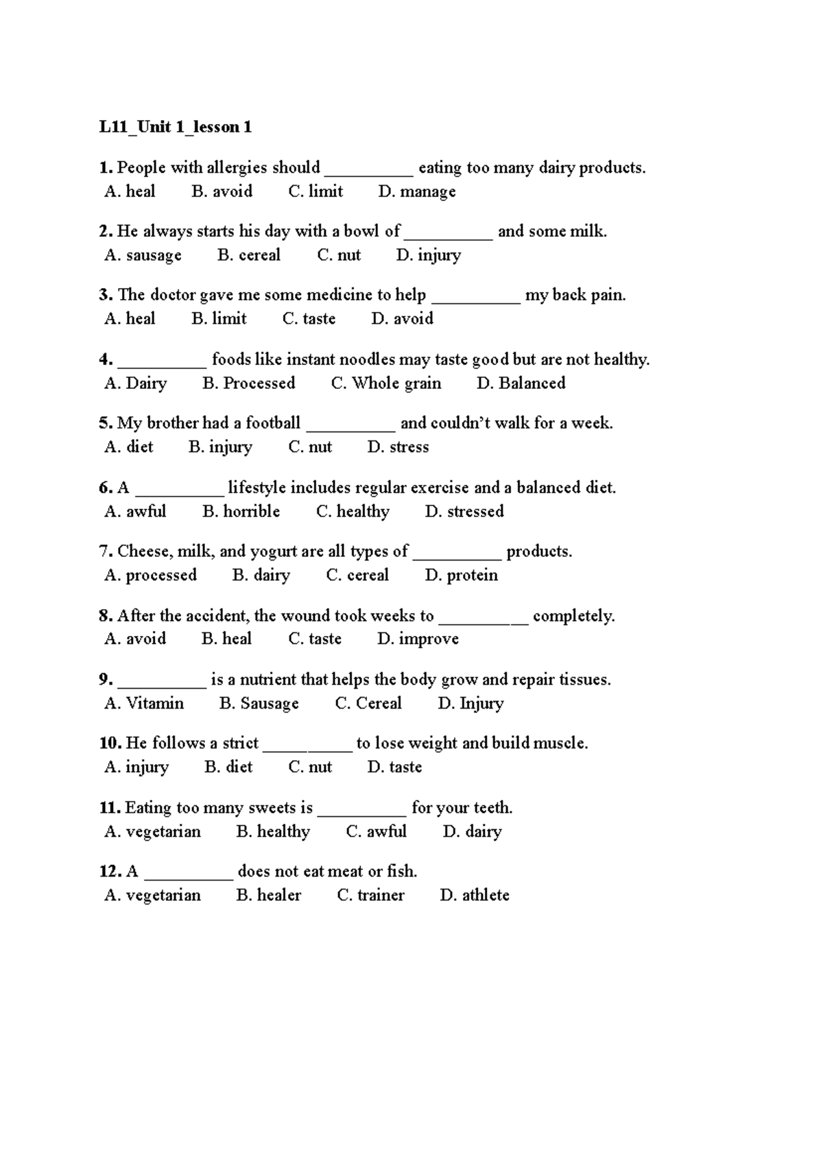 L11 Unit 1 Lesson 1 - Nutrition and Healthy Eating Quiz - Studocu