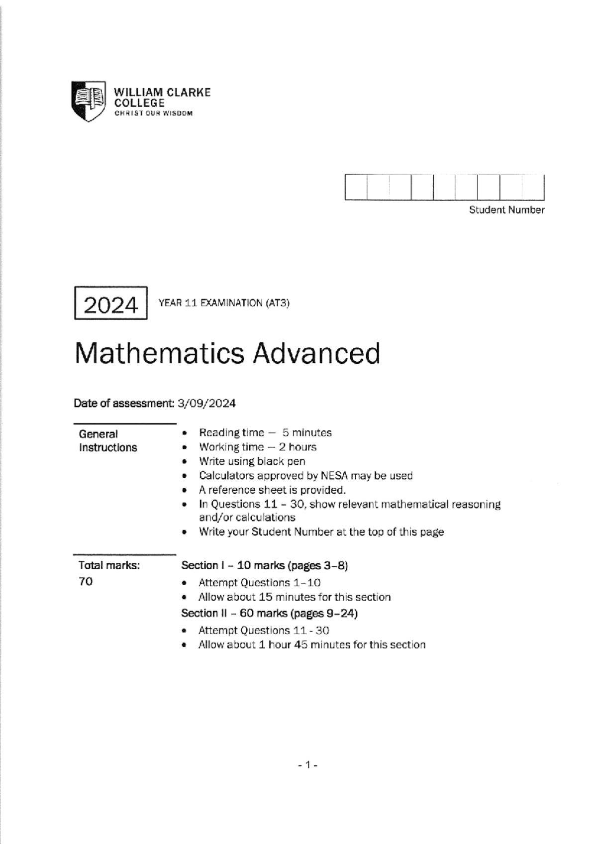 2024 11MATAdv AT3 Mathematics Advanced Exam Solutions - Studocu