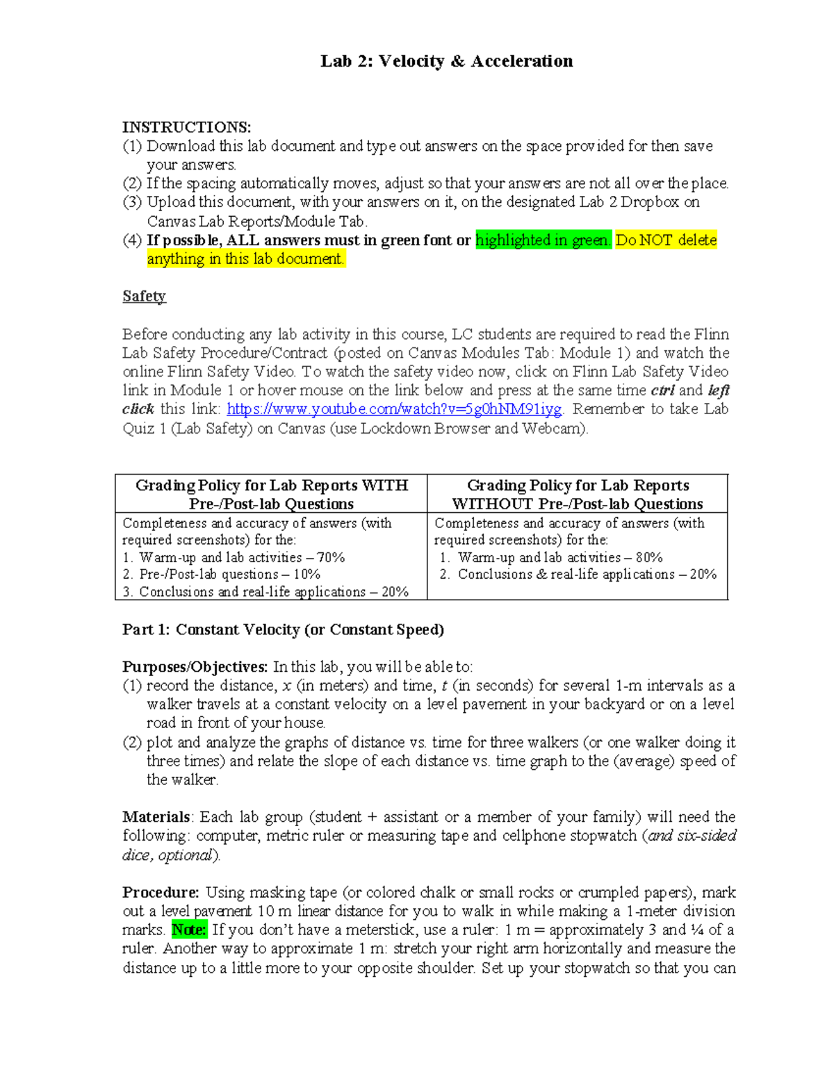 Lab 2: Velocity & Acceleration Instructions and Data Analysis PHYS 1115 ...