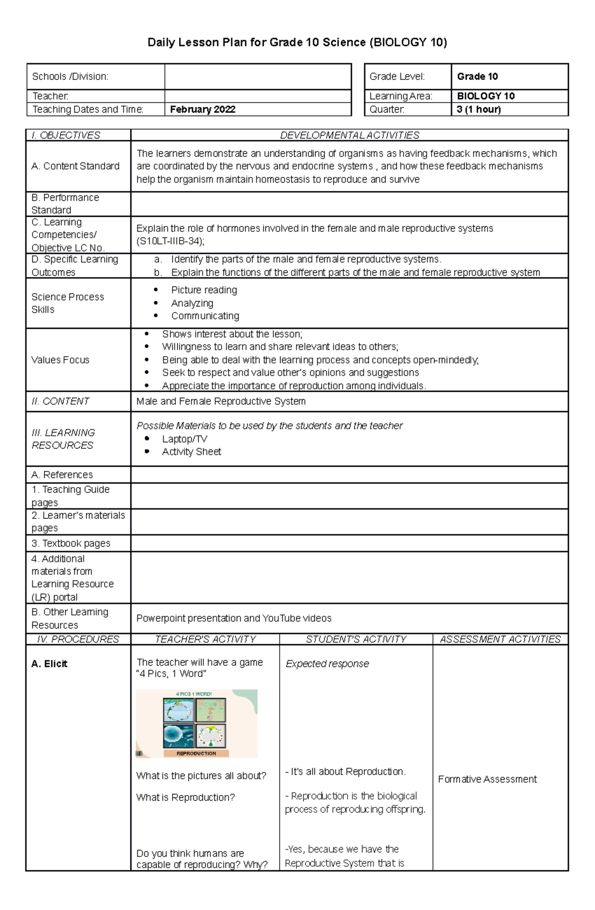 Reproductive System Lesson PLAN FOR Grade 10 Science - Daily Lesson ...