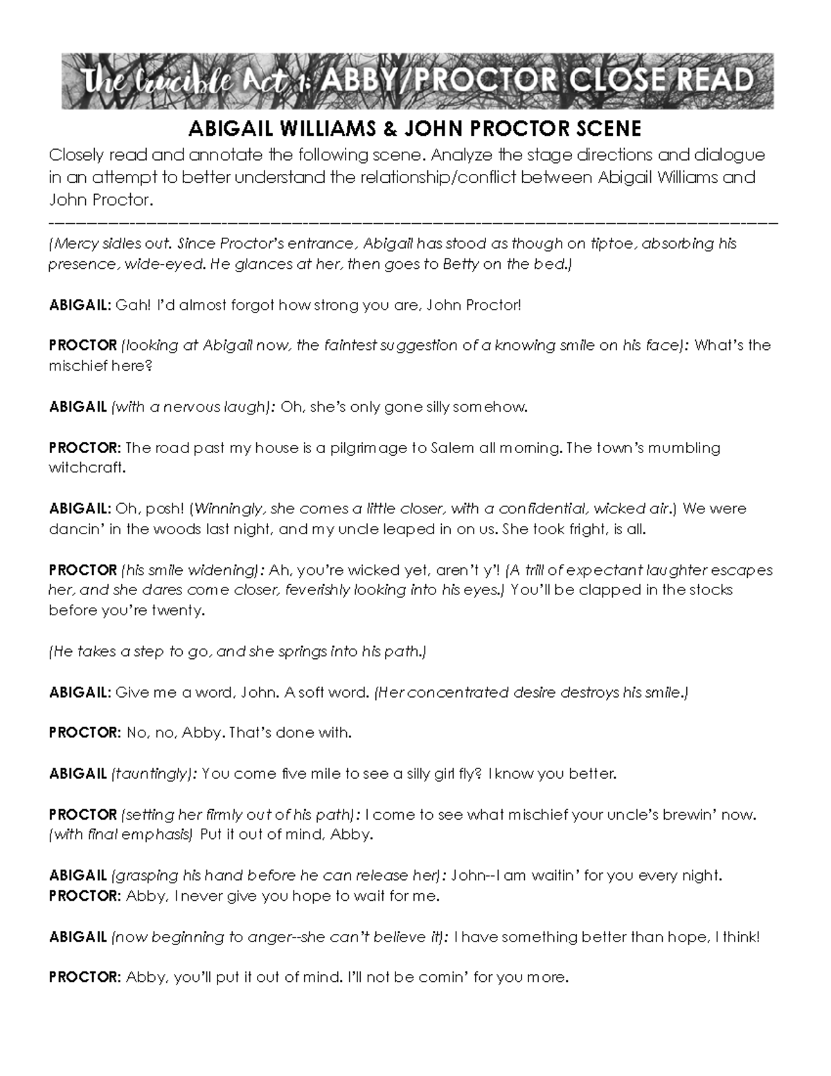 Crucible Act 1: Close Read & Stage Directions Analysis of Abby ...