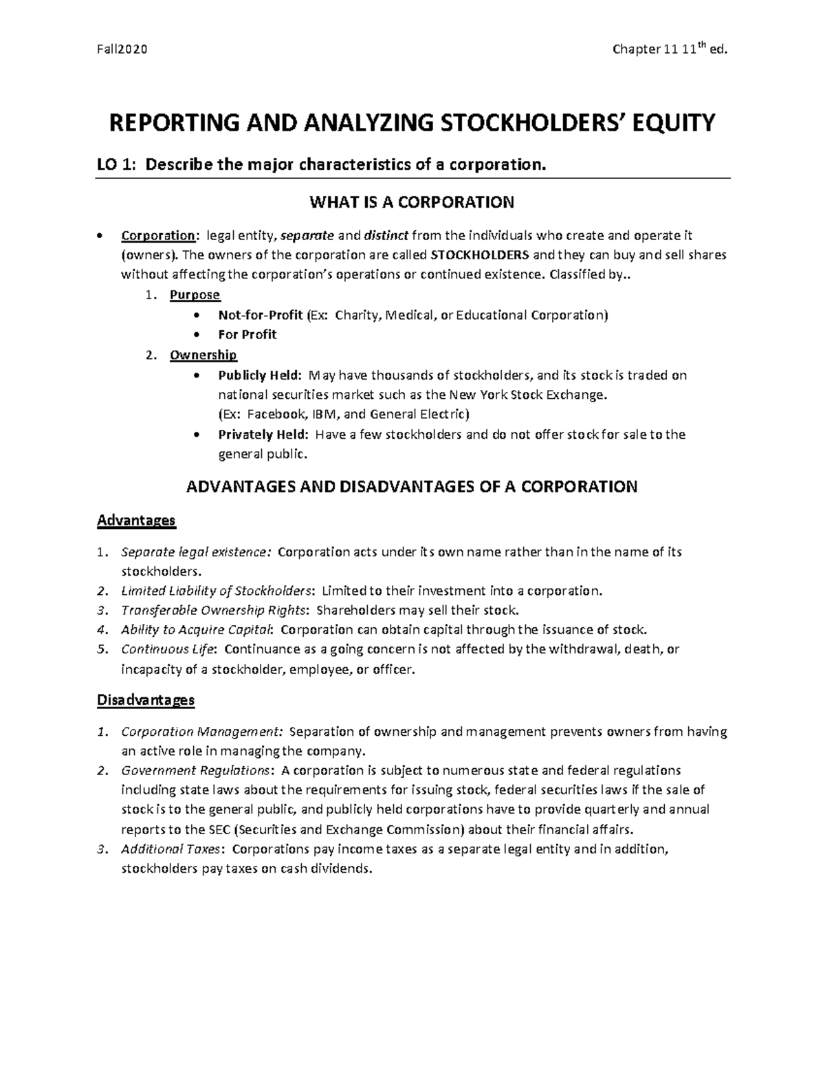 Chapter 11 Review 11th ed - REPORTING AND ANALYZING STOCKHOLDERS’ EQUITY LO 1: Describe the ...