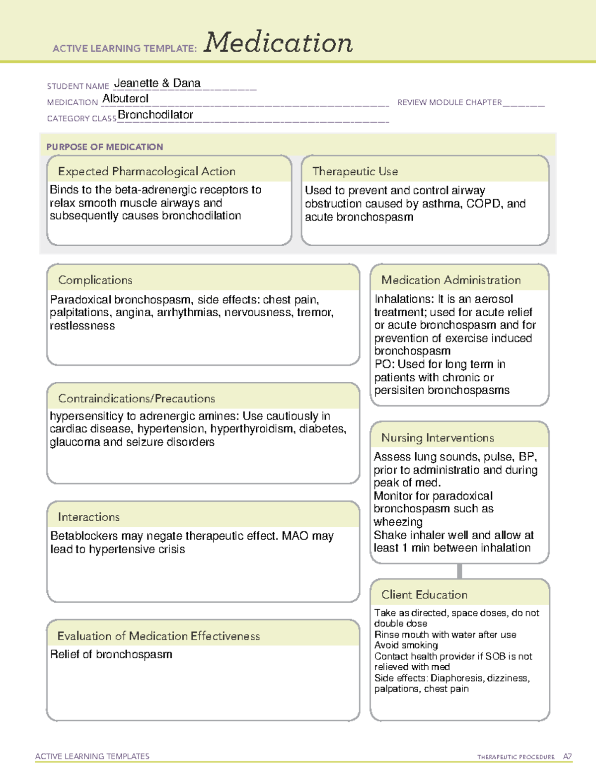 Albuterol med card - ACTIVE LEARNING TEMPLATES THERAPEUTIC PROCEDURE A ...