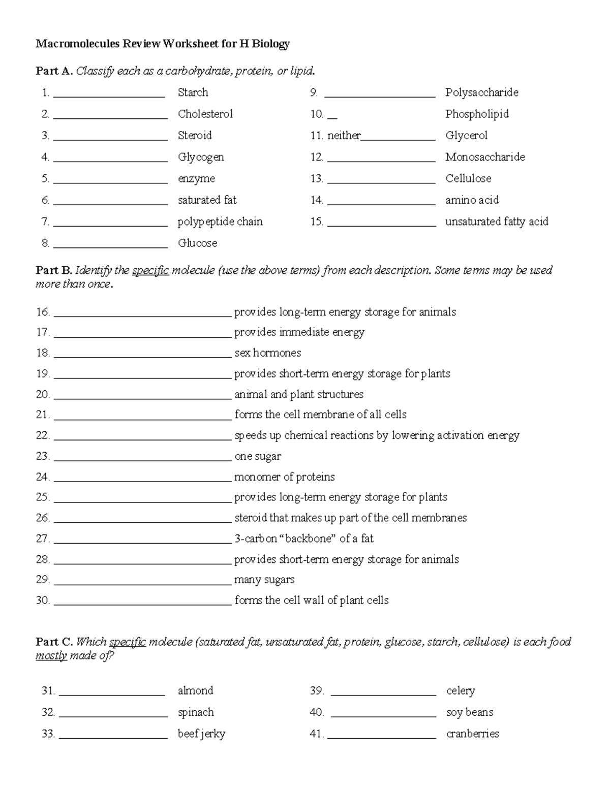 Marocmolecule review worksheet - Macromolecules Review Worksheet for H ...