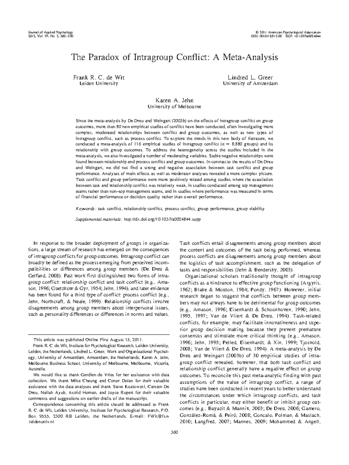 The Effects of Intragroup Conflict on Group Outcomes: A Meta-Analysis ...