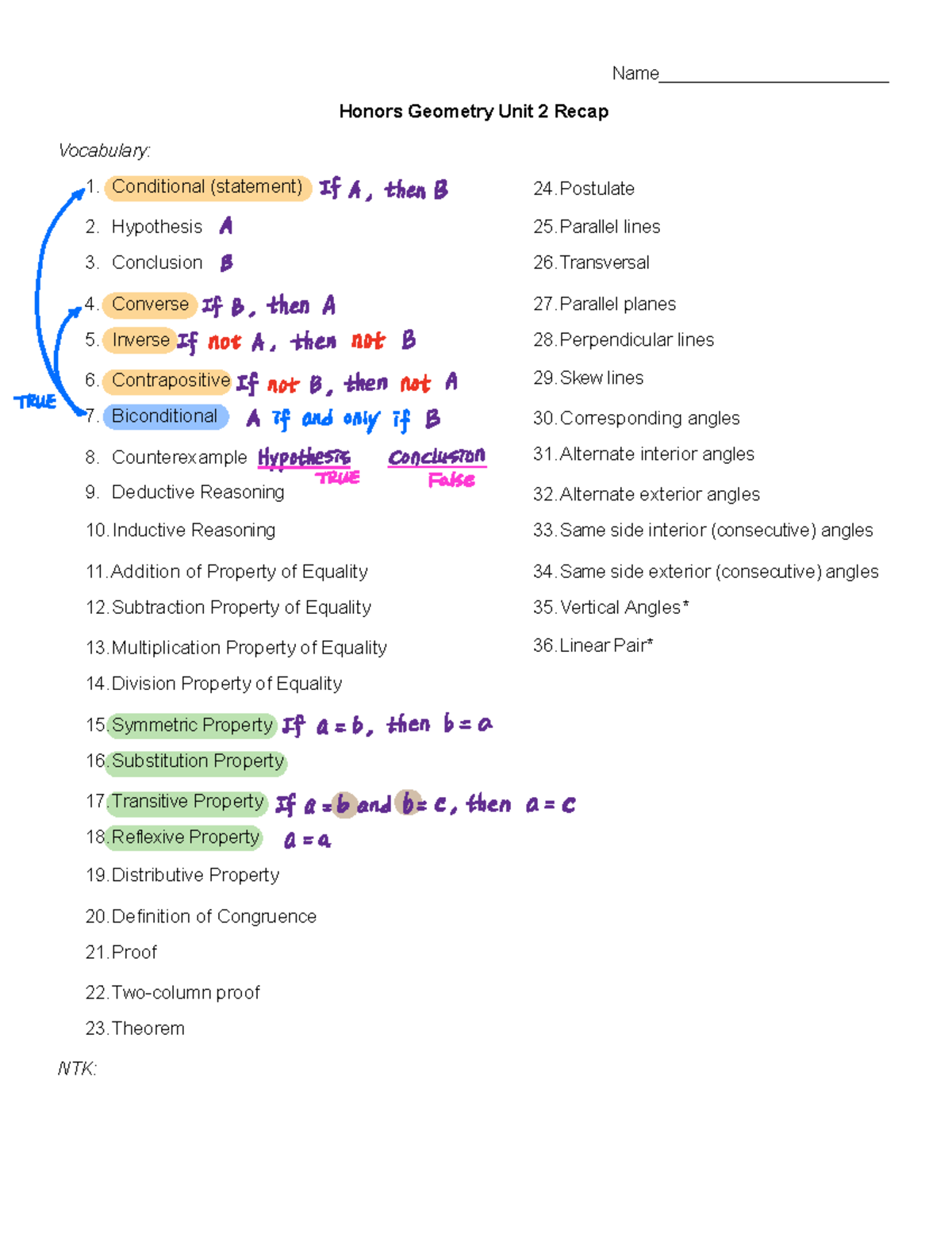 Honors Geometry Unit 2 Test Review Key Concepts Vocabulary Studocu
