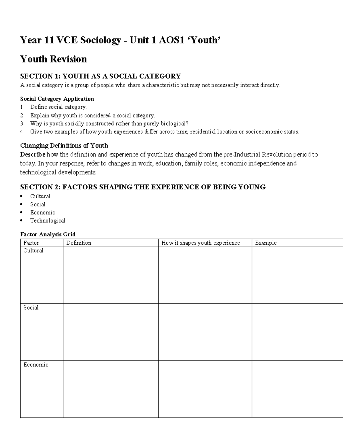 Year 11 VCE Sociology Unit 1 AOS1 Youth Revision Notes - Studocu