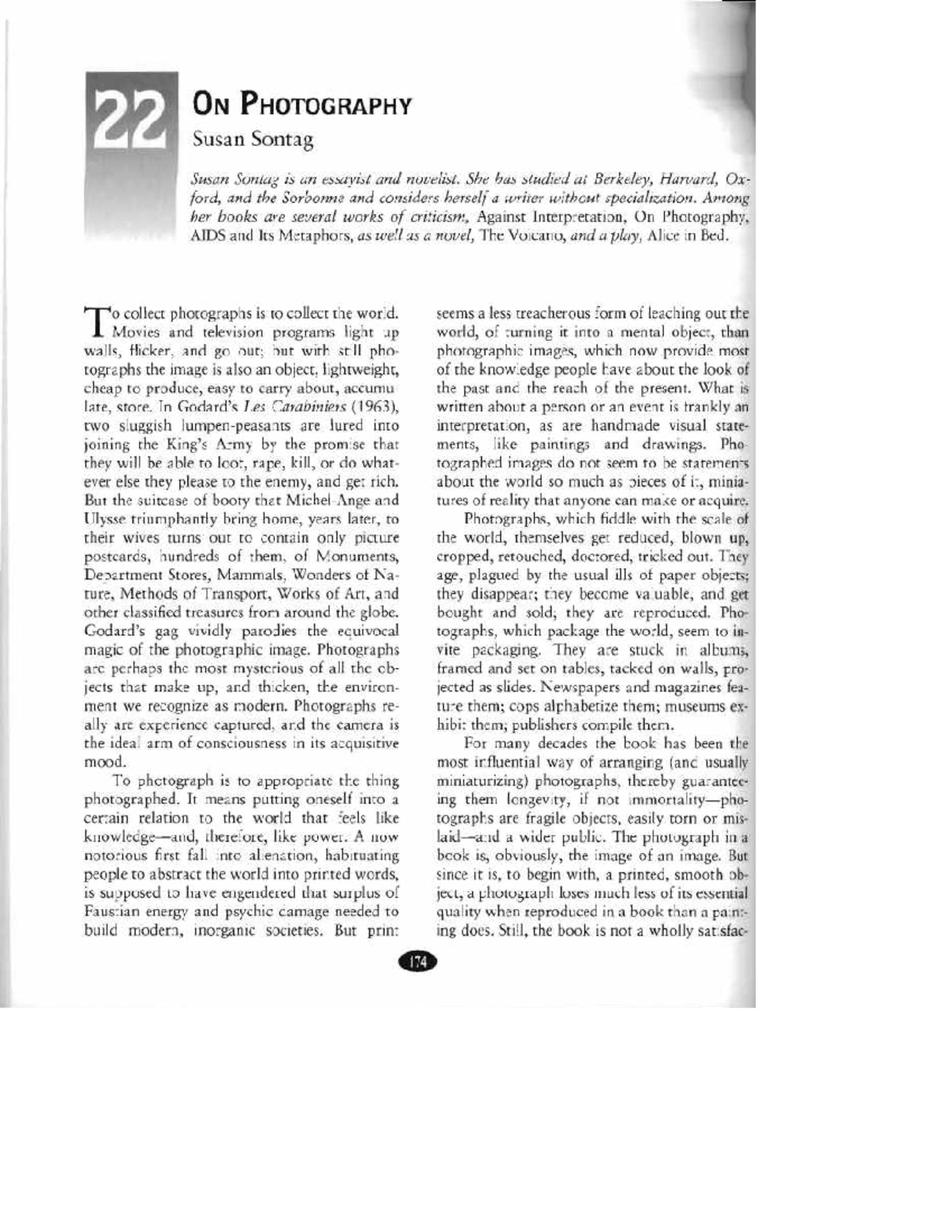 On Photography - Susan Sontag (Essay Notes) - Studocu