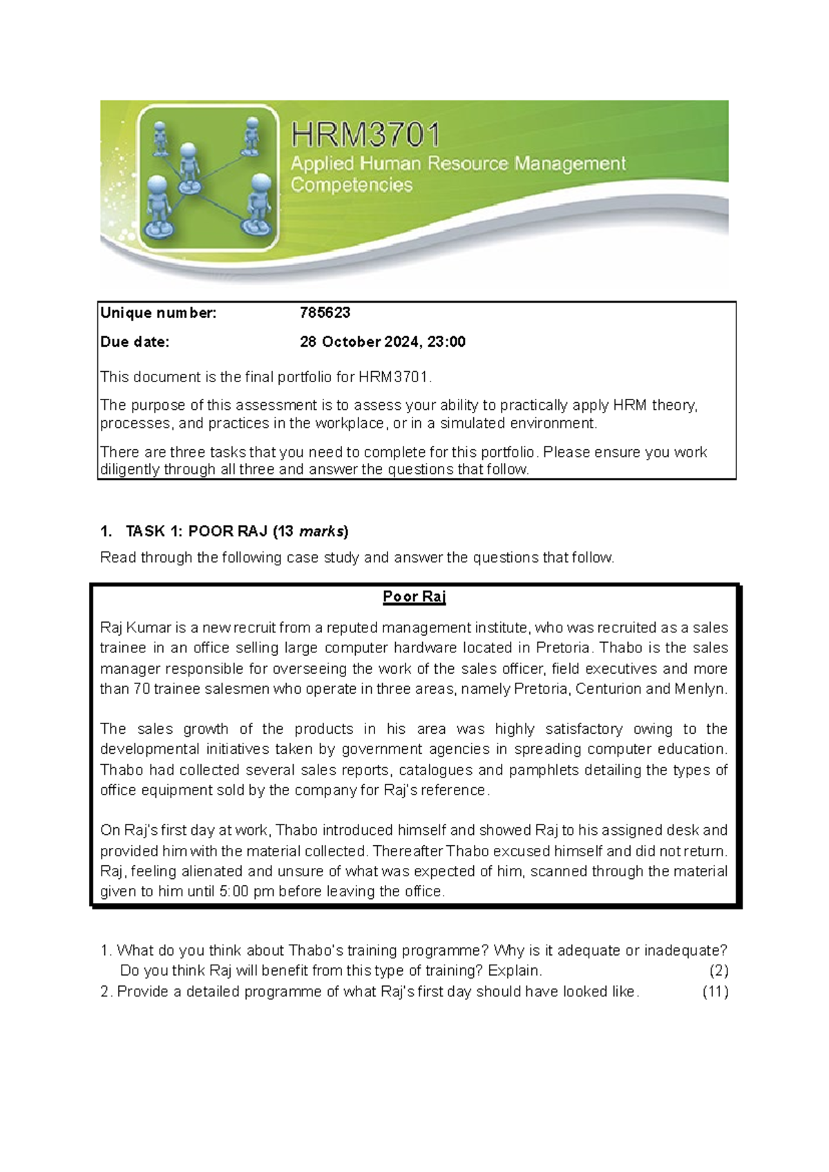 HRM3701 Final Portfolio Task: Reflecting on Human Resource Practices ...