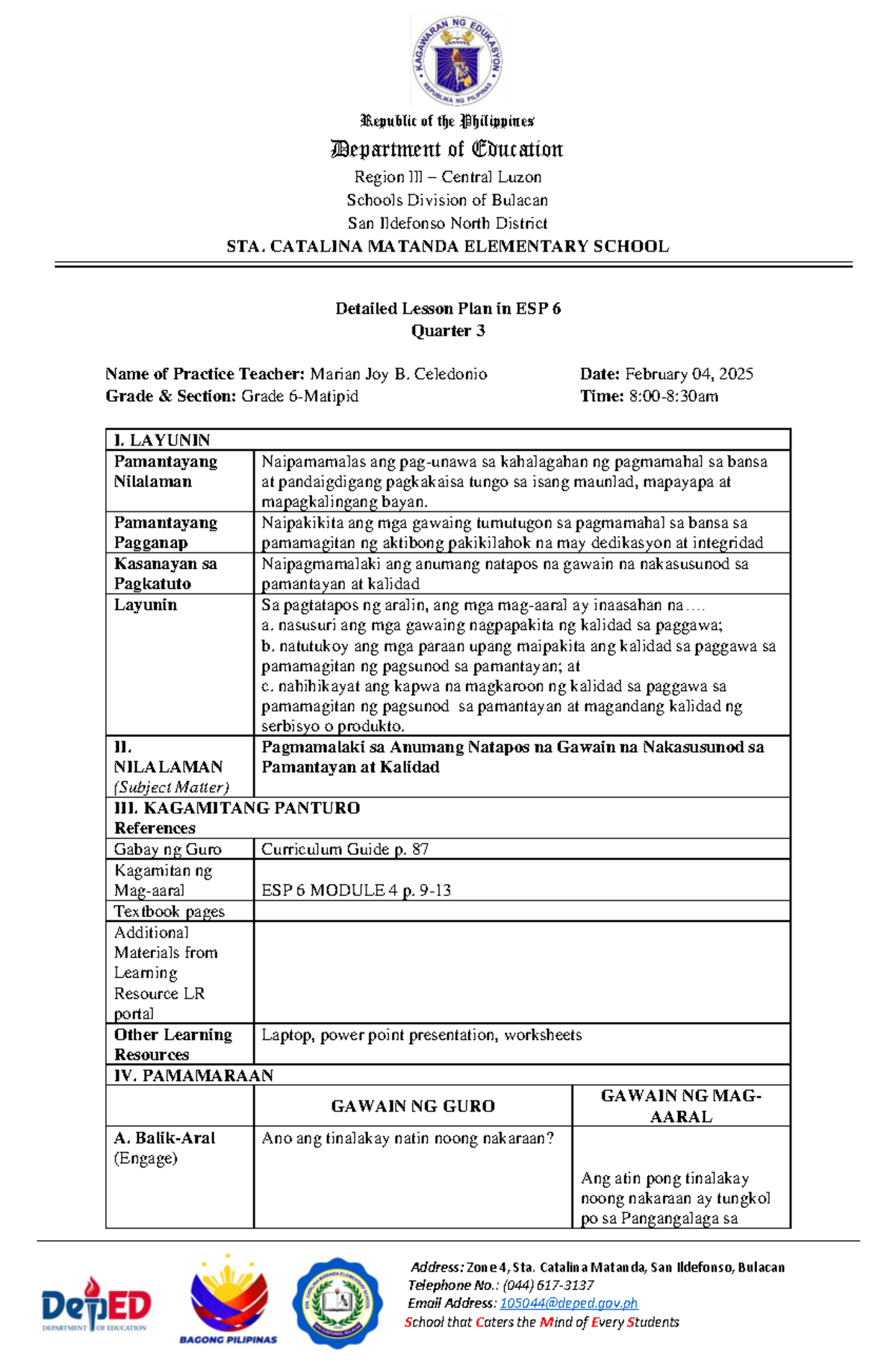 DLP ESP 6: Detailed Lesson Plan for Values Education - Feb. 04 - Studocu