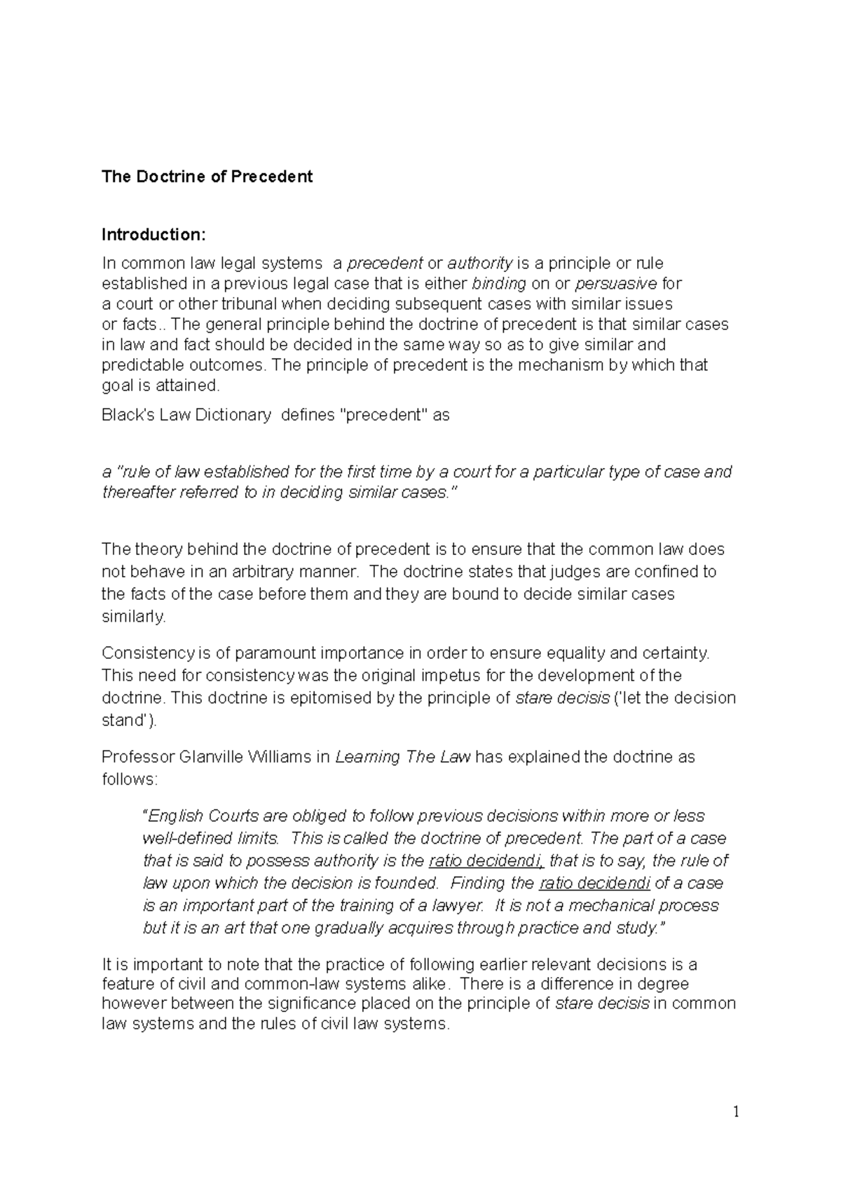 Precedent- legal Systems Jan 15 - The Doctrine of Precedent ...