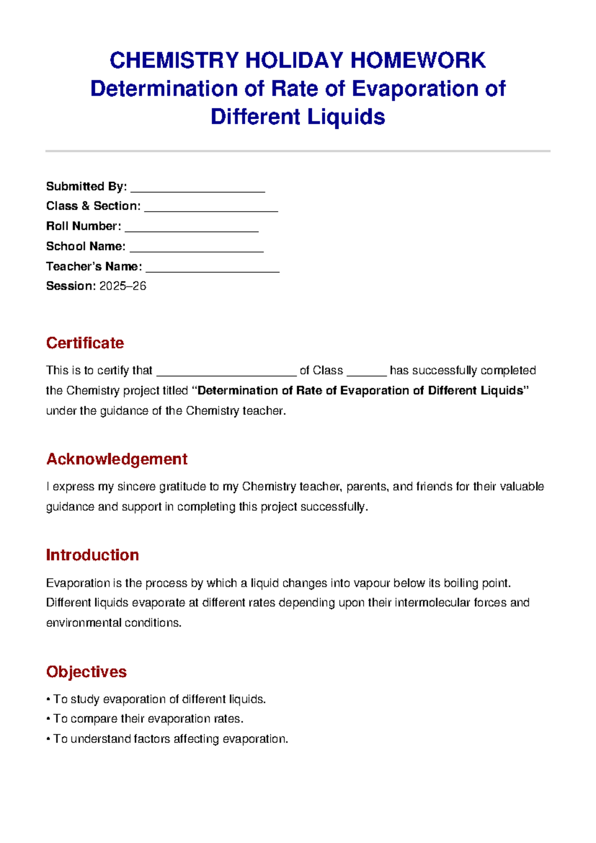 CHEM 101 Holiday Homework: Rate of Evaporation Study - Studocu