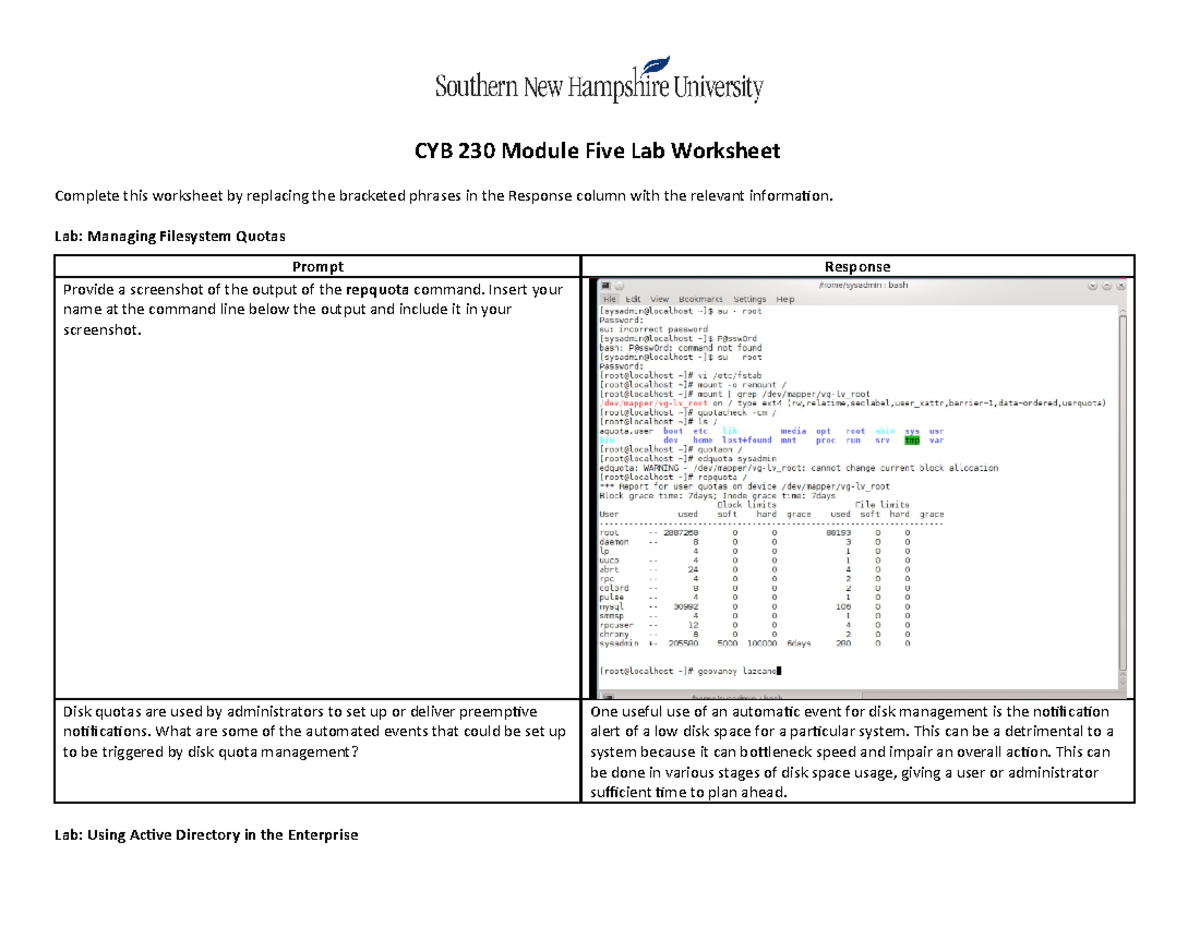 CYB 230 Module 5 Lab Worksheet: Filesystem Quotas & Active Directory ...